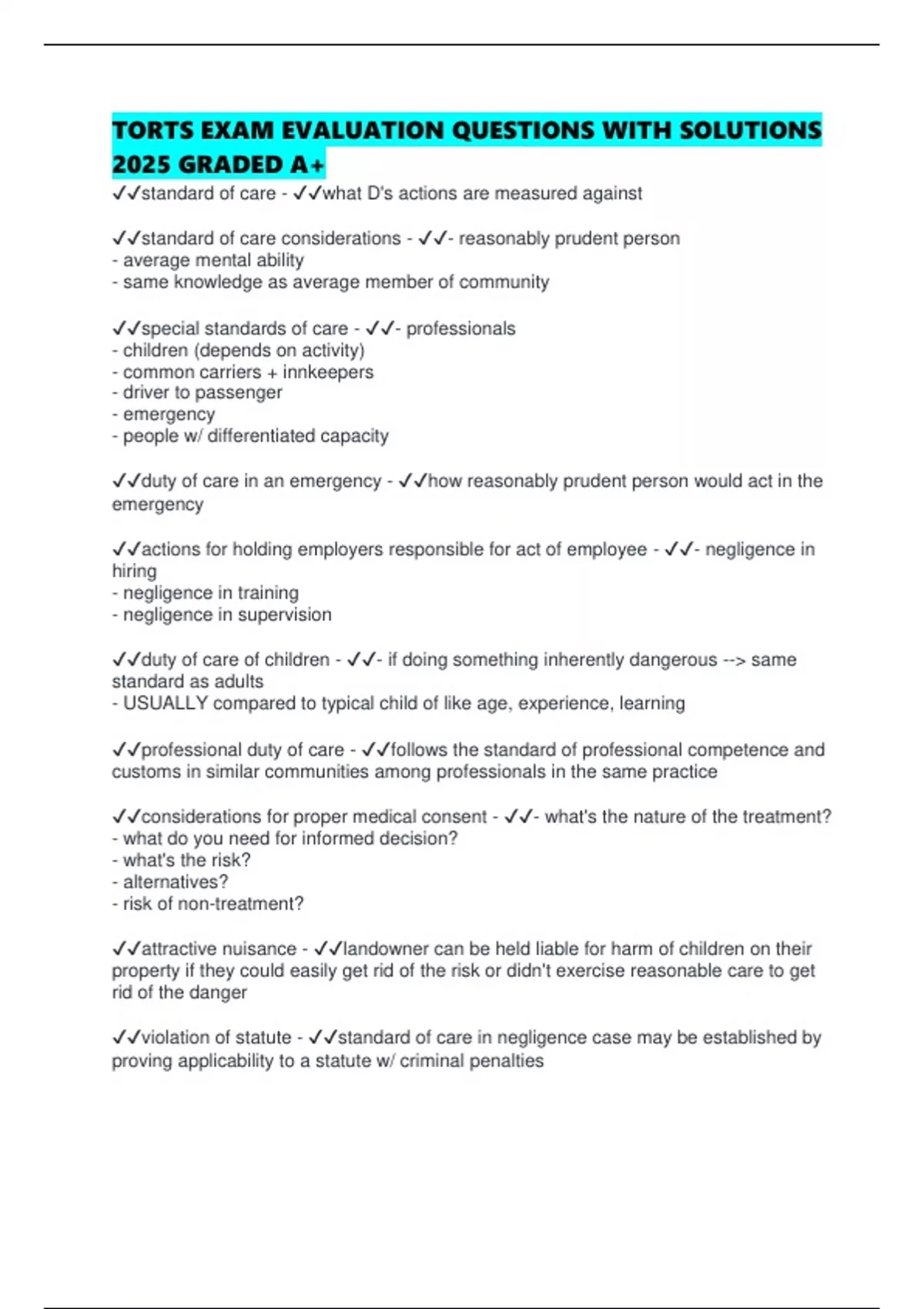 TORTS EXAM EVALUATION QUESTIONS WITH SOLUTIONS 2025 GRADED A+ - TORTS ...