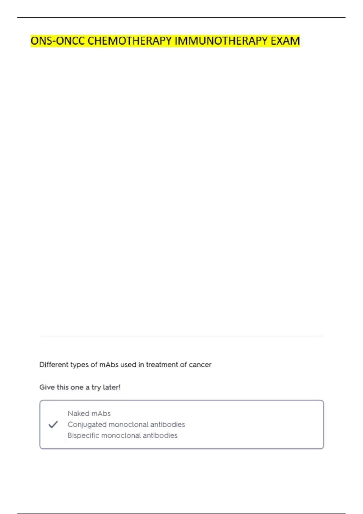 ONS CHEMOTHERAPY IMMUNOTHERAPY CERTIFICATE EXAM QUESTIONS WITH COMPLETE ...