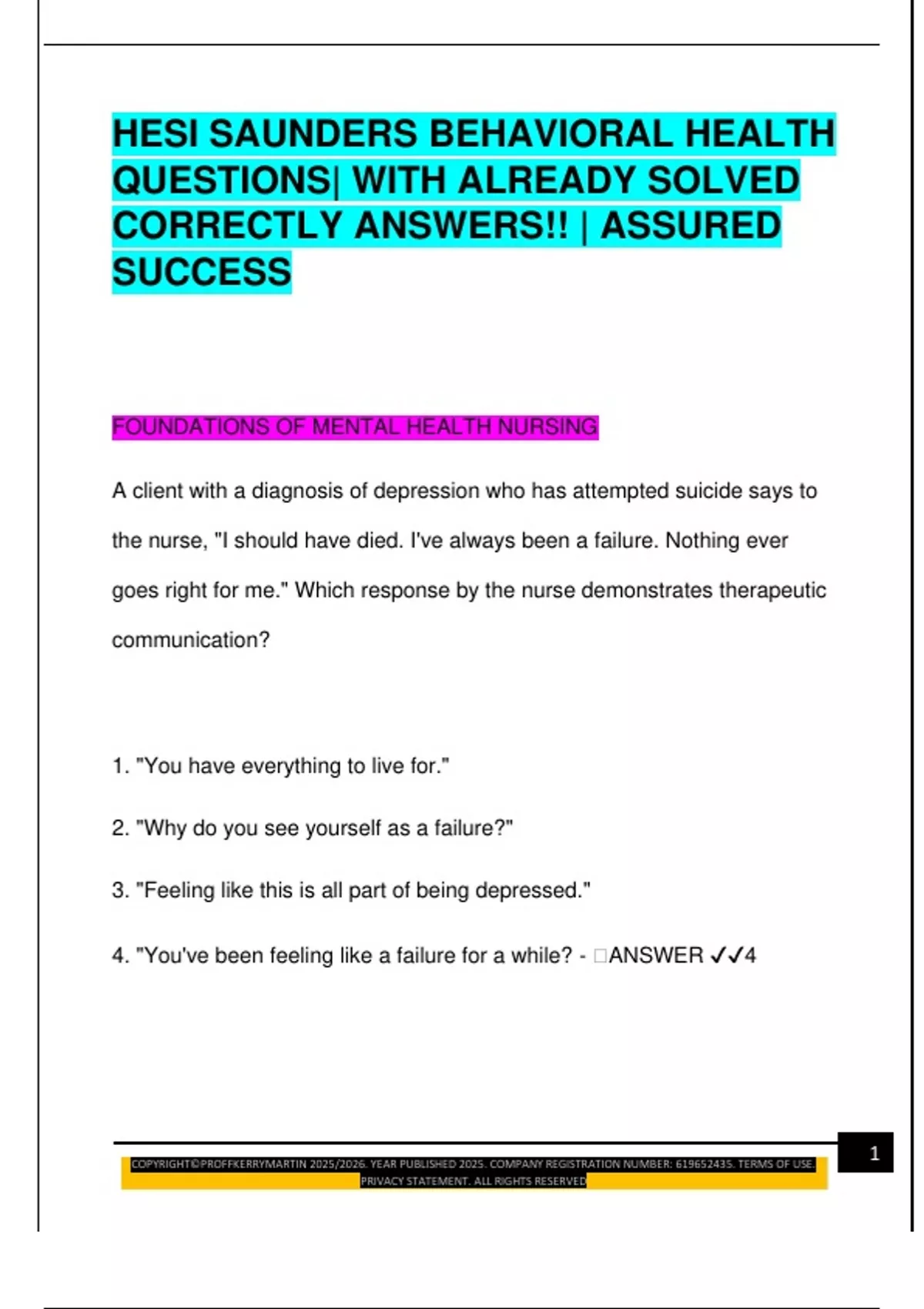 HESI SAUNDERS BEHAVIORAL HEALTH QUESTIONS| WITH ALREADY SOLVED ...