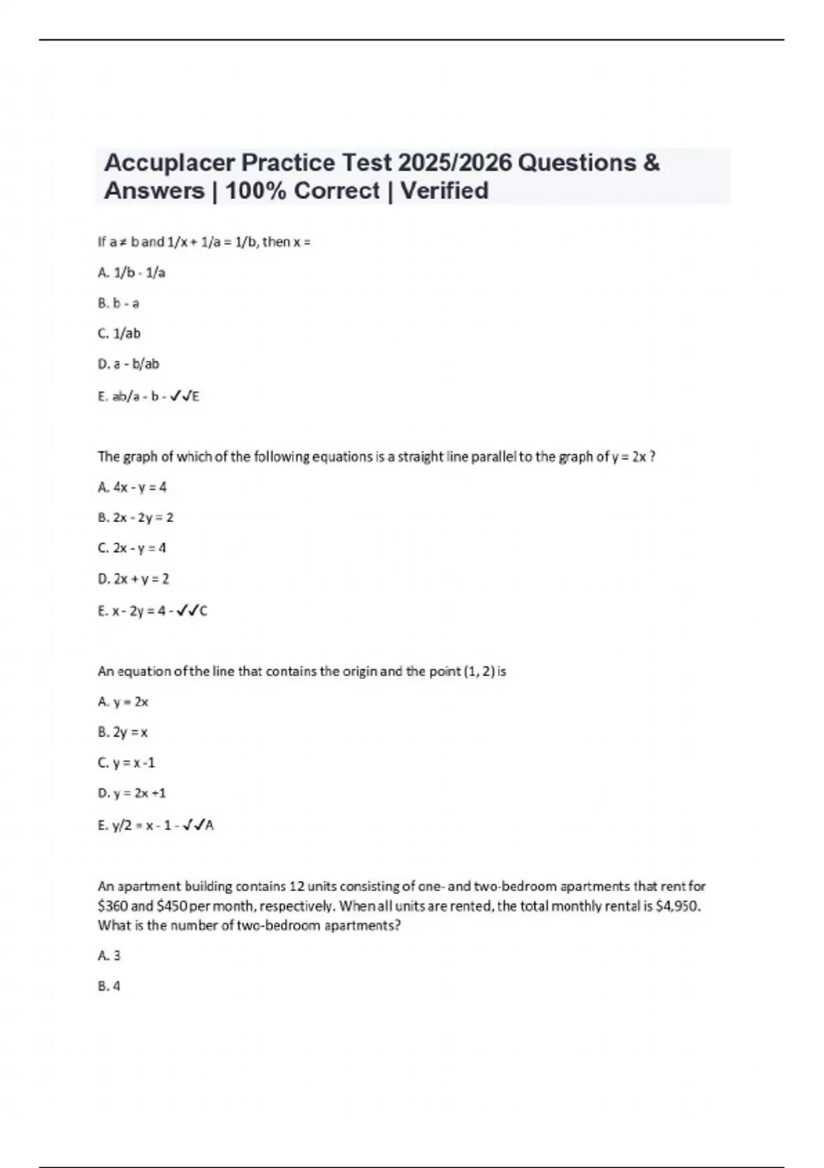 Accuplacer Practice Test 2025/2026 Questions & Answers | 100% Correct ...