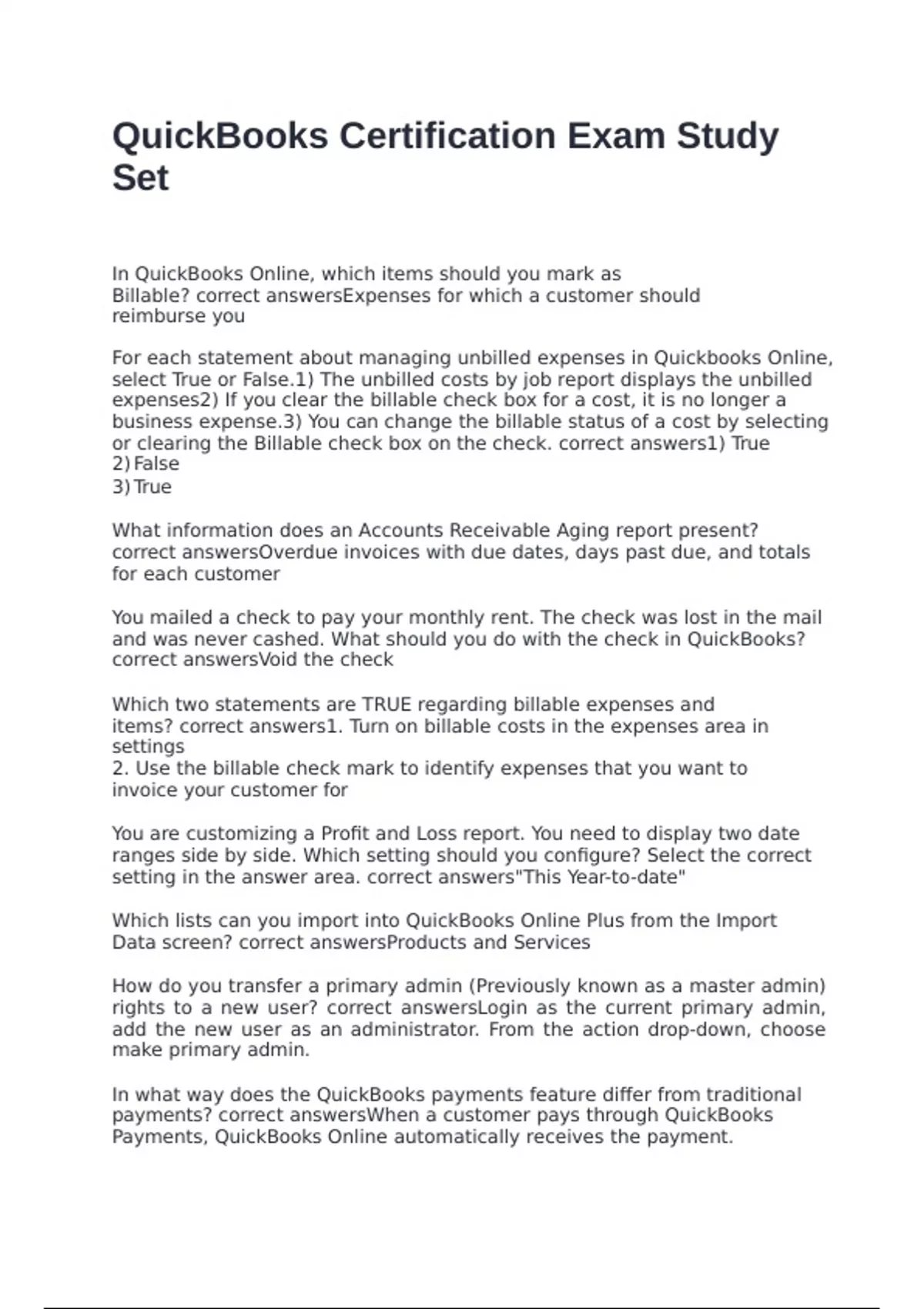 QuickBooks Certification Exam Study Set with 100% correct answers 2025 ...