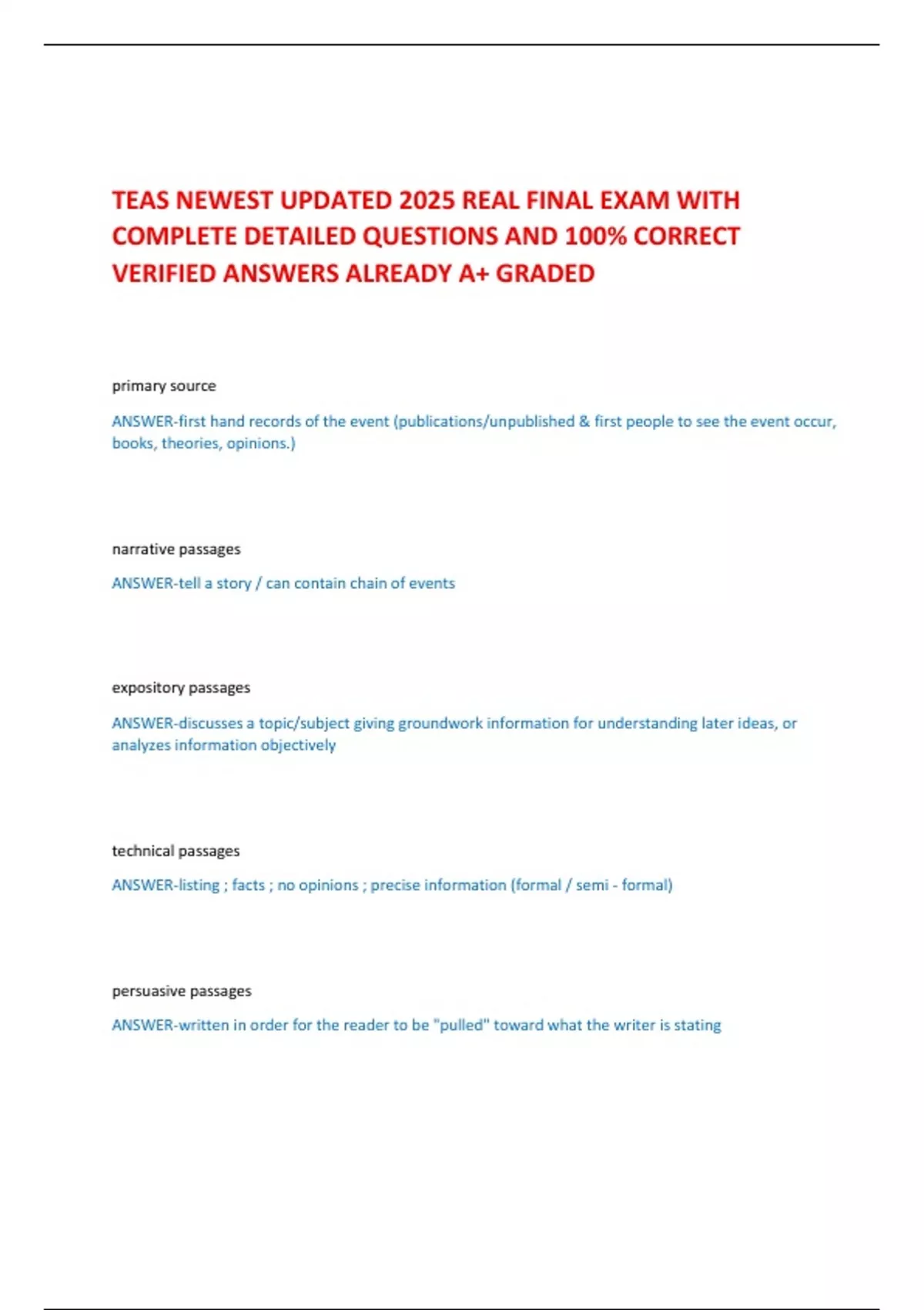 TEAS NEWEST UPDATED 2025 REAL FINAL EXAM WITH COMPLETE DETAILED ...