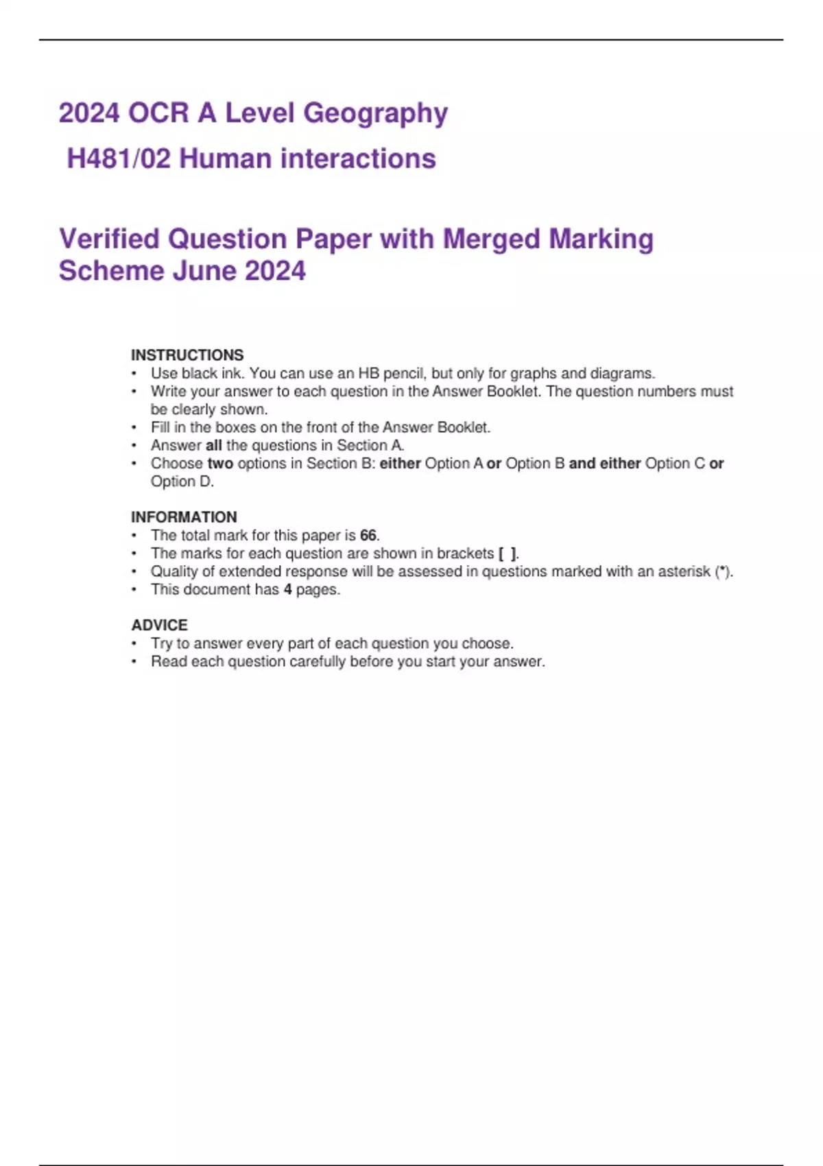 2024 OCR A Level Geography H481/02 Human interactions Verified Question ...