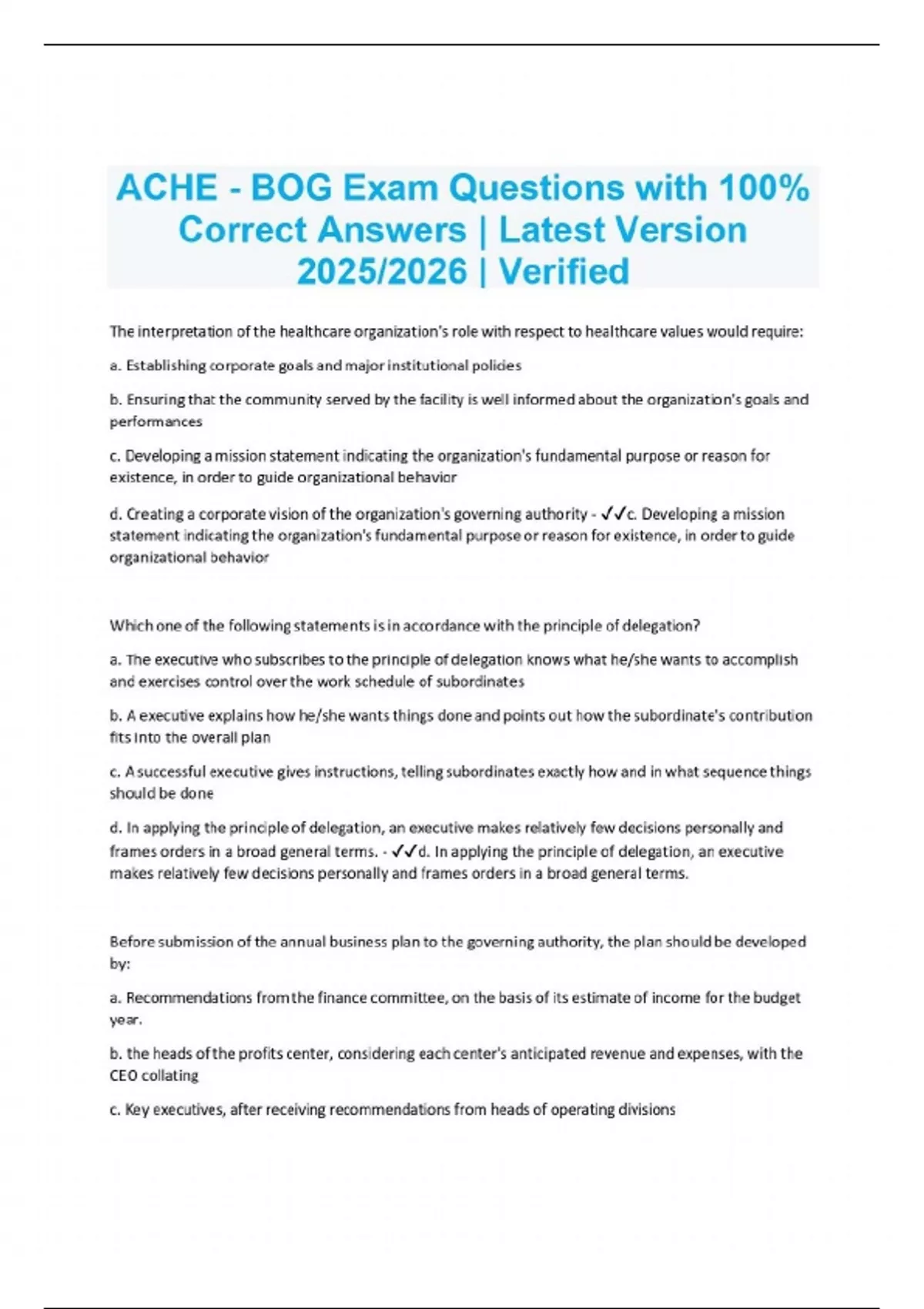 ACHE - BOG Exam Questions with 100% Correct Answers | Latest Version ...