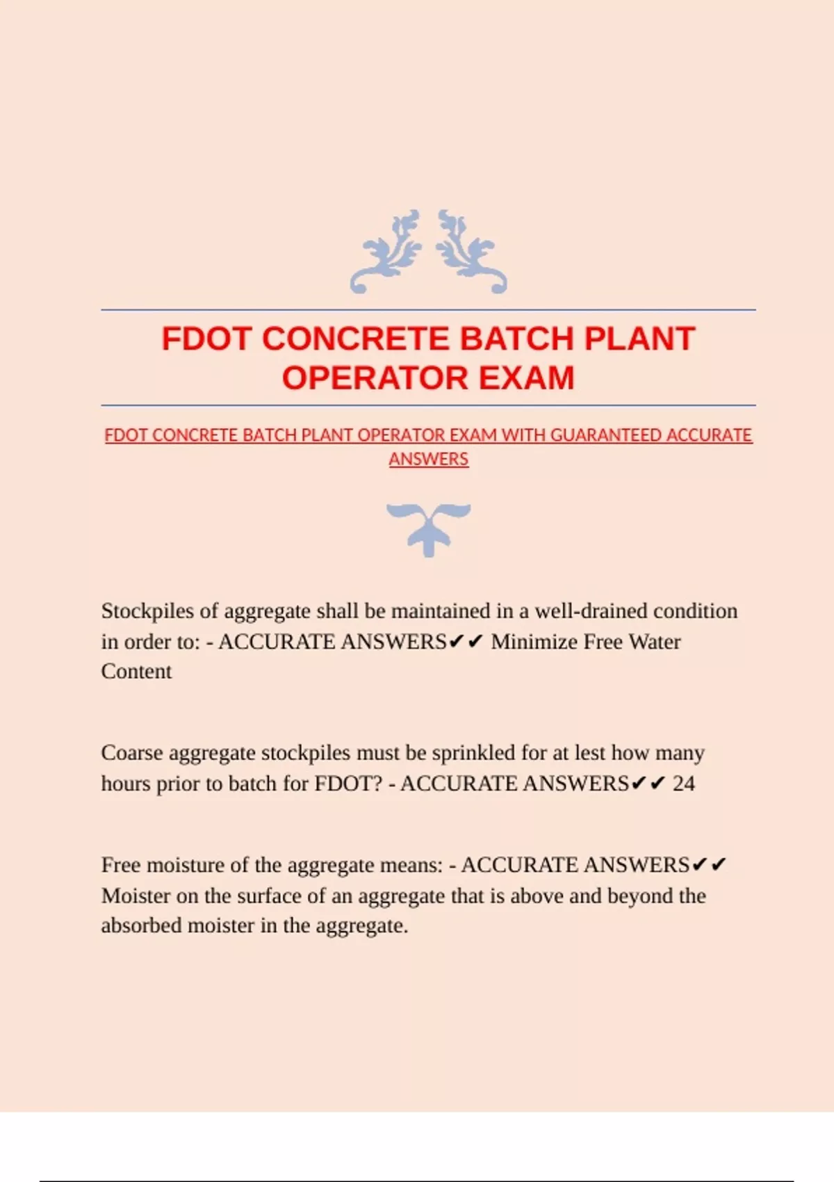 FDOT CONCRETE BATCH PLANT OPERATOR EXAM WITH GUARANTEED ACCURATE ...