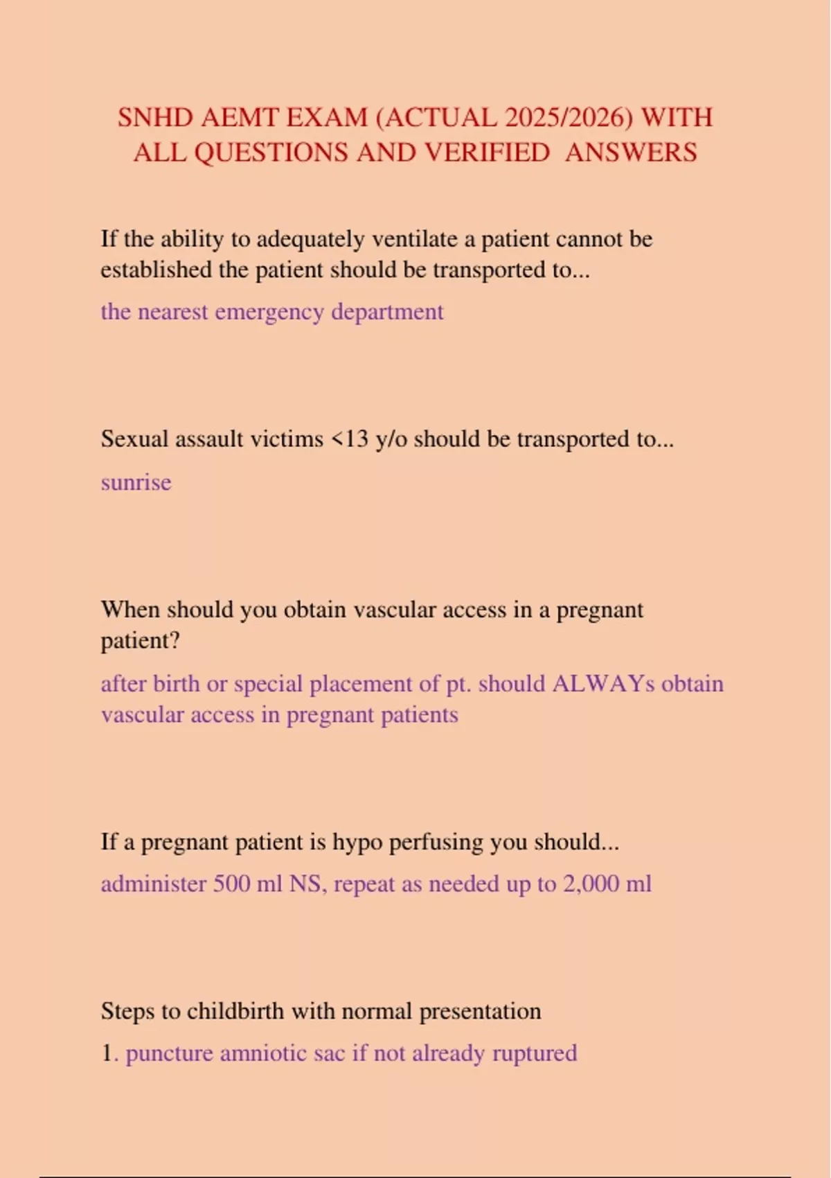 SNHD AEMT EXAM (ACTUAL 2025/2026) WITH ALL QUESTIONS AND VERIFIED ...