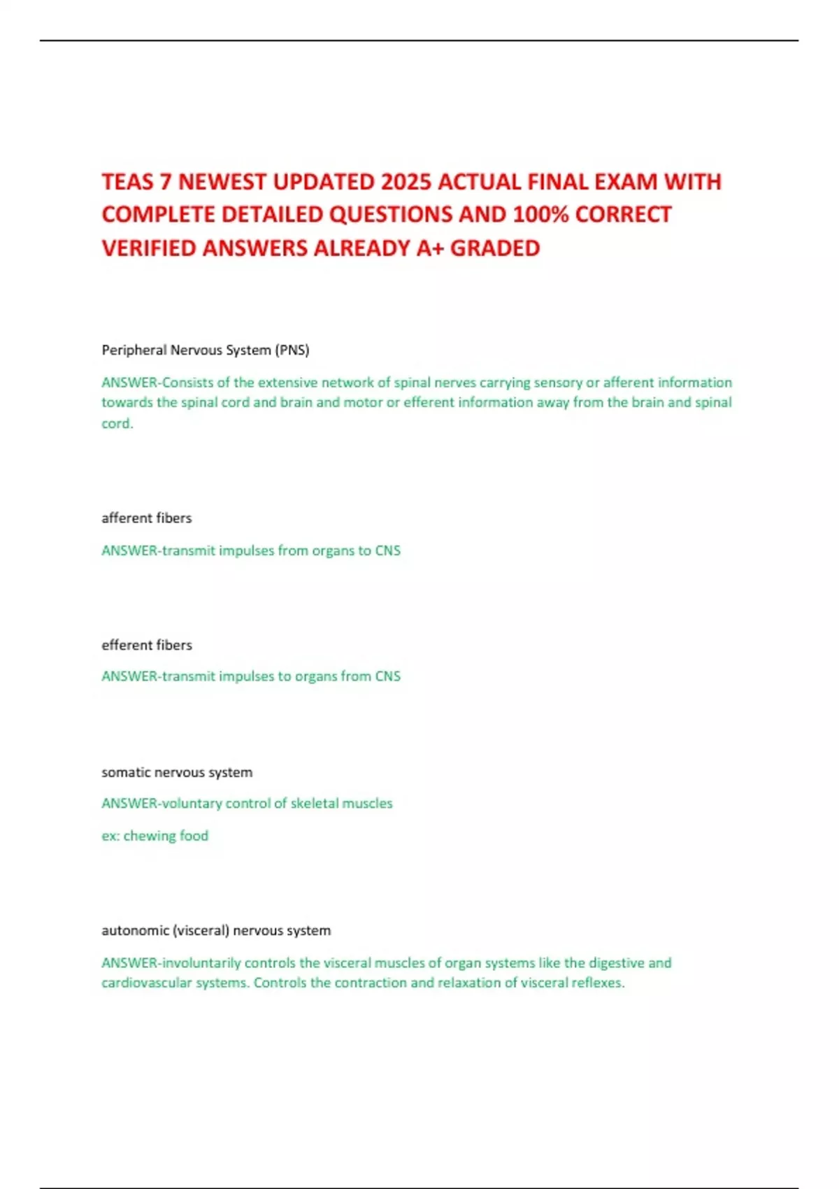 TEAS 7 NEWEST UPDATED 2025 ACTUAL FINAL EXAM WITH COMPLETE DETAILED ...