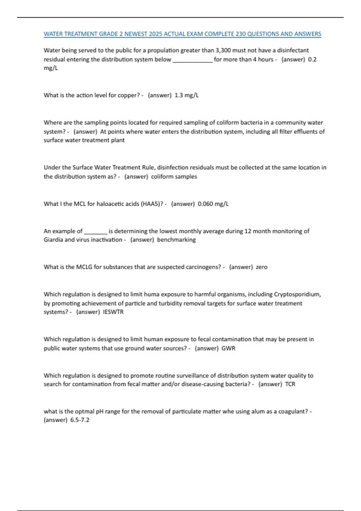 WATER TREATMENT GRADE 2 NEWEST 2025 ACTUAL EXAM COMPLETE 230 QUESTIONS ...
