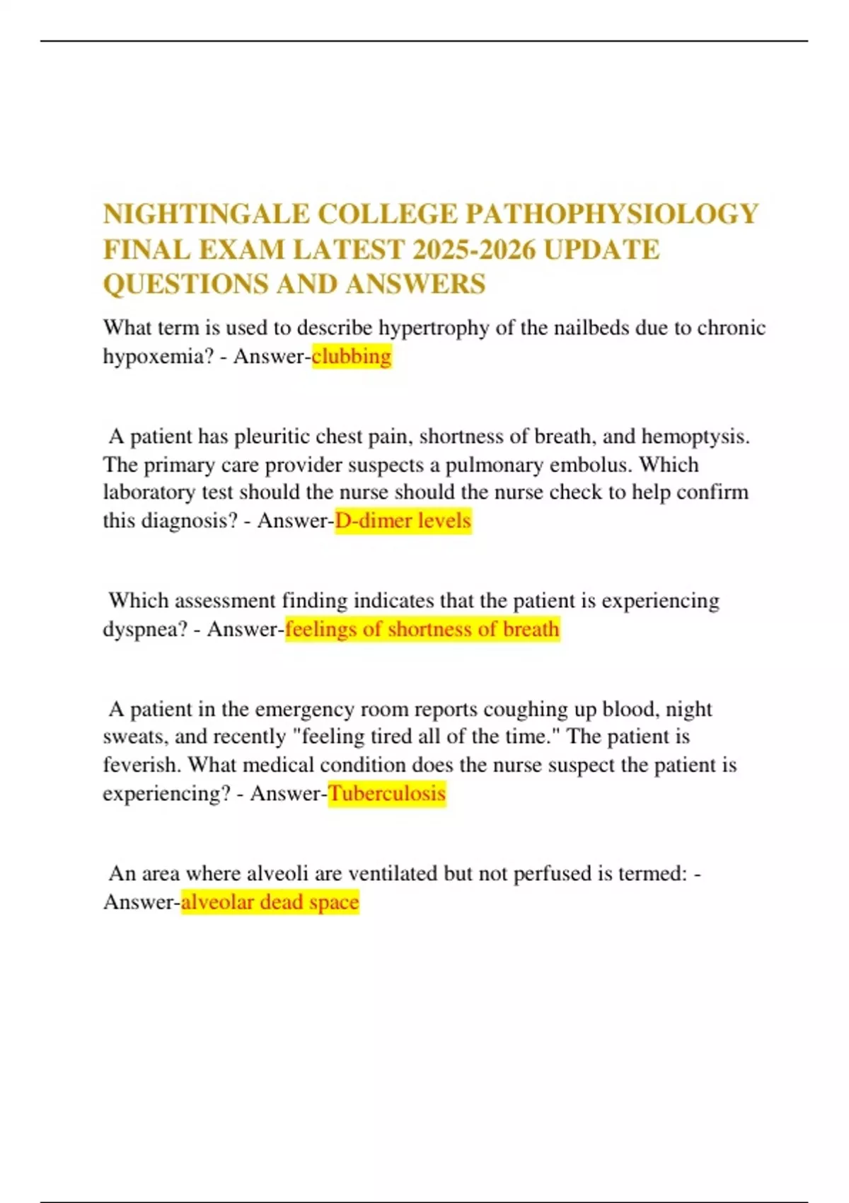 NIGHTINGALE COLLEGE PATHOPHYSIOLOGY FINAL EXAM LATEST UPDATE QUESTIONS ...