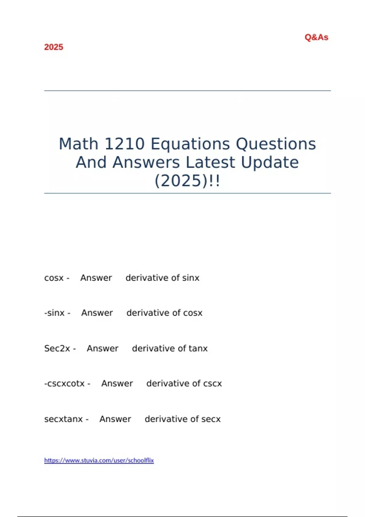 Math 1210 Equations Questions And Answers Latest Update (2025)!! - MATH ...