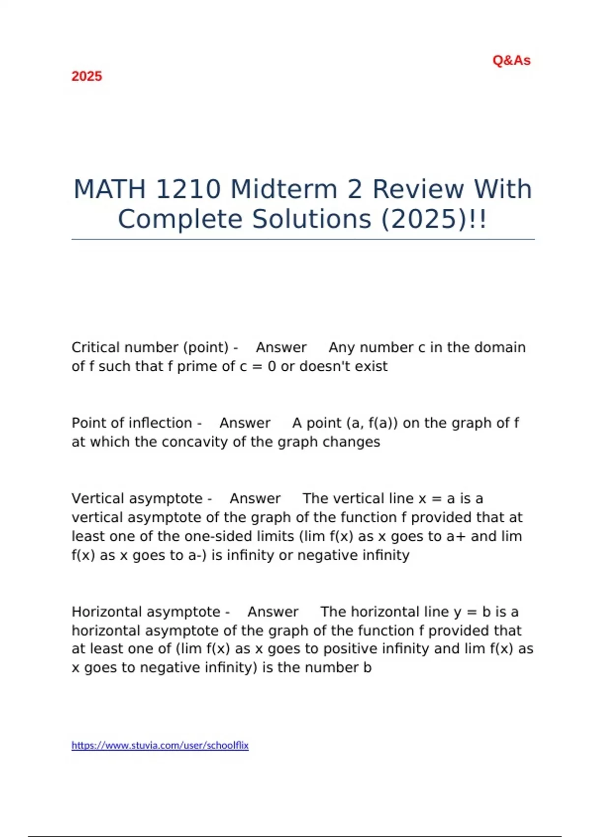 MATH 1210 Midterm 2 Review With Complete Solutions (2025)!! - MATH 1210 ...