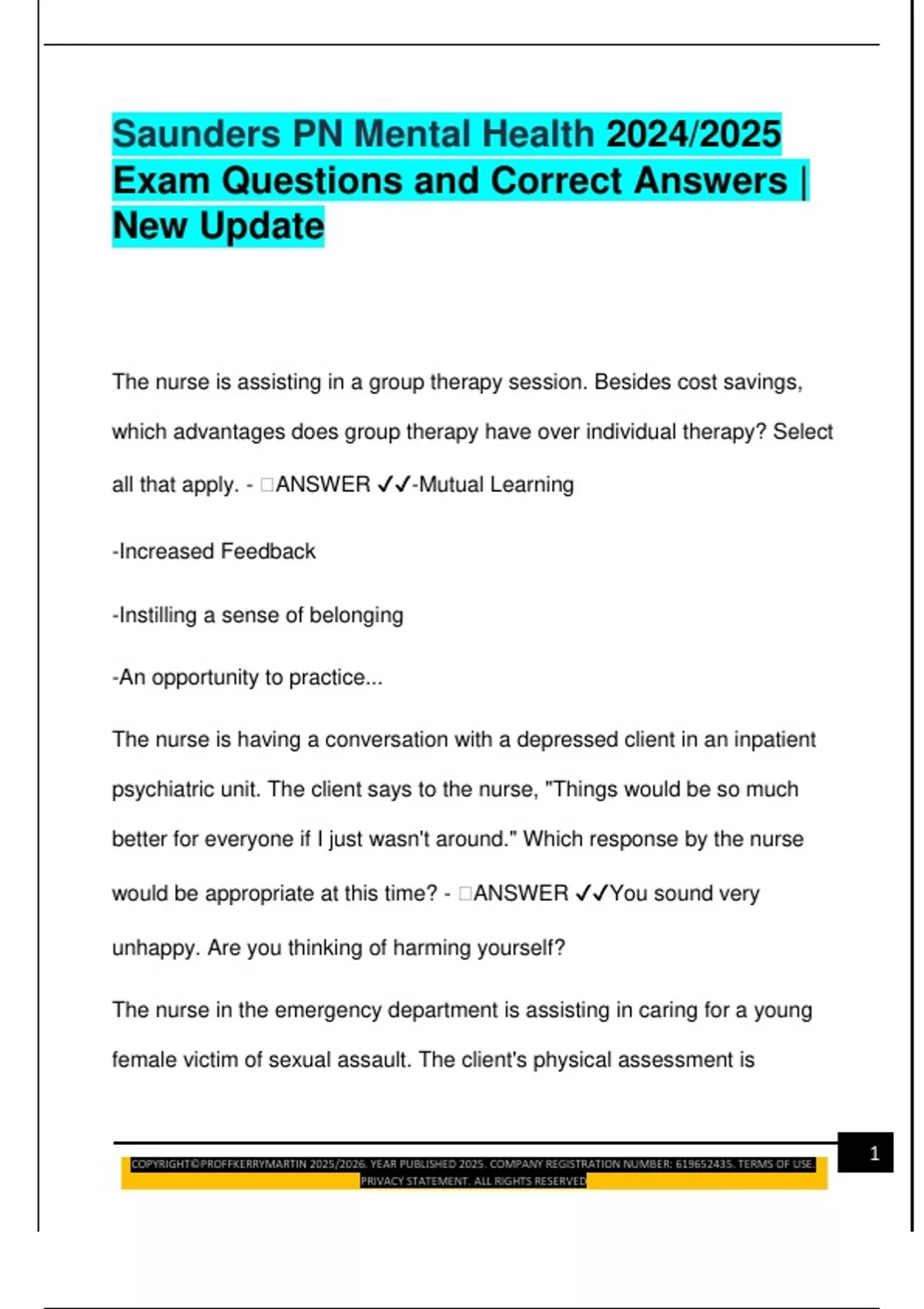Saunders PN Mental Health 2024/2025 Exam Questions and Correct Answers ...