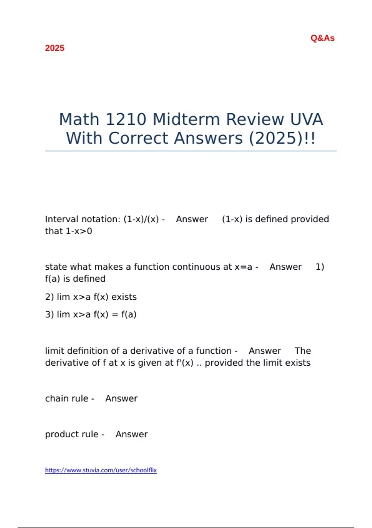 Math 1210 Midterm Review UVA With Correct Answers (2025)!! - MATH 1210 ...