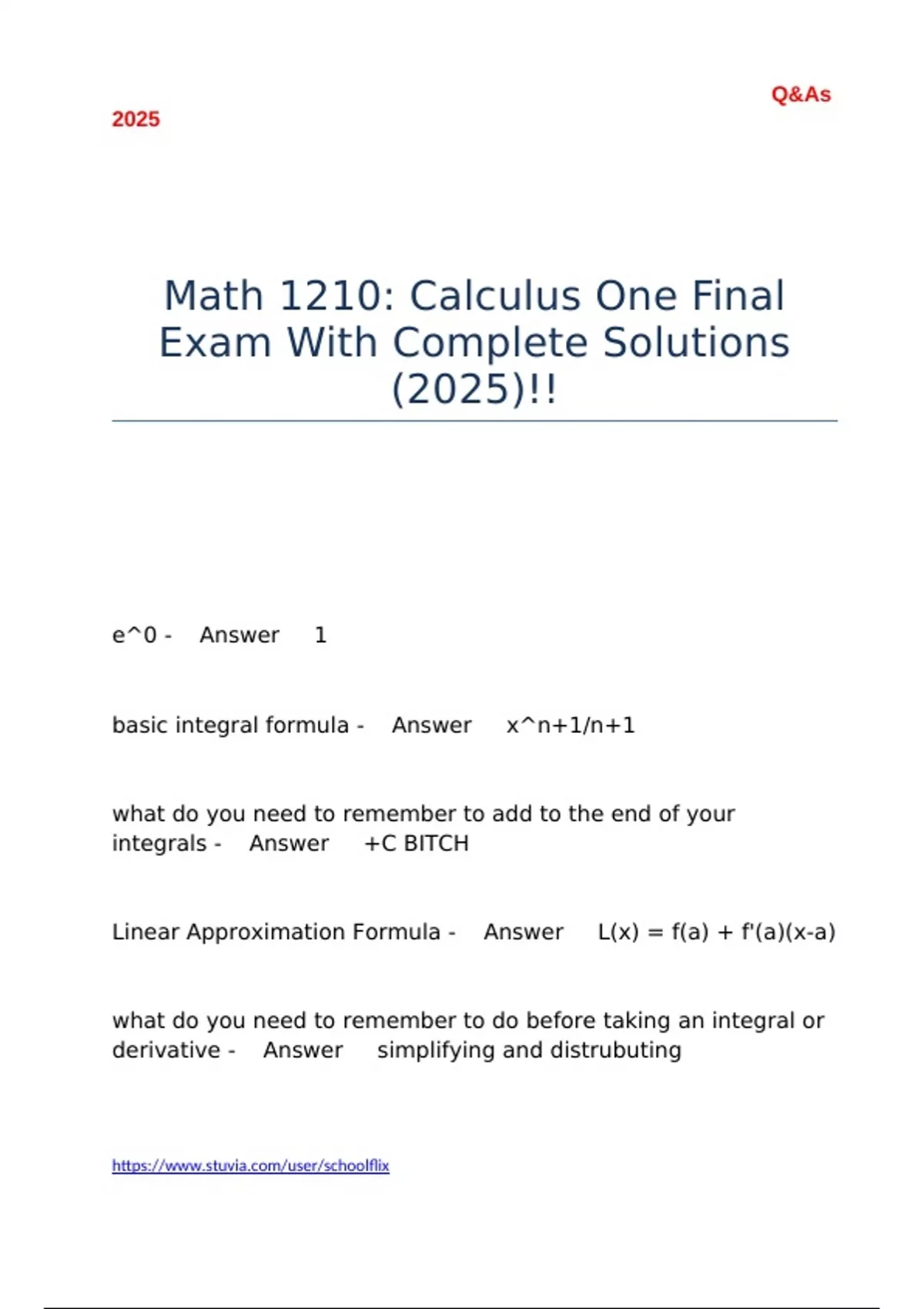 Math 1210 Calculus One Final Exam With Complete Solutions (2025 ...