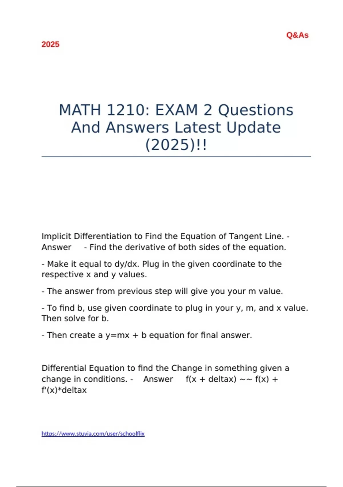 MATH 1210 EXAM 2 Questions And Answers Latest Update (2025)!! - MATH ...