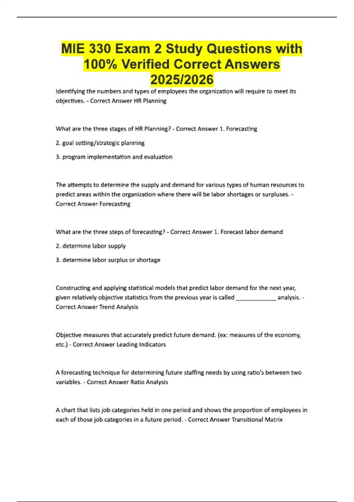 MIE 330 Exam 2 Study Questions with 100% Verified Correct Answers 2025/2026 - MIE 330 - Stuvia US