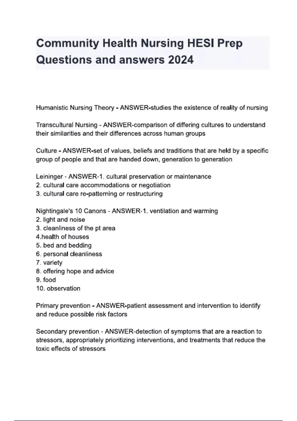 Community Health Nursing HESI Prep Questions and answers 2024 - Nursing ...