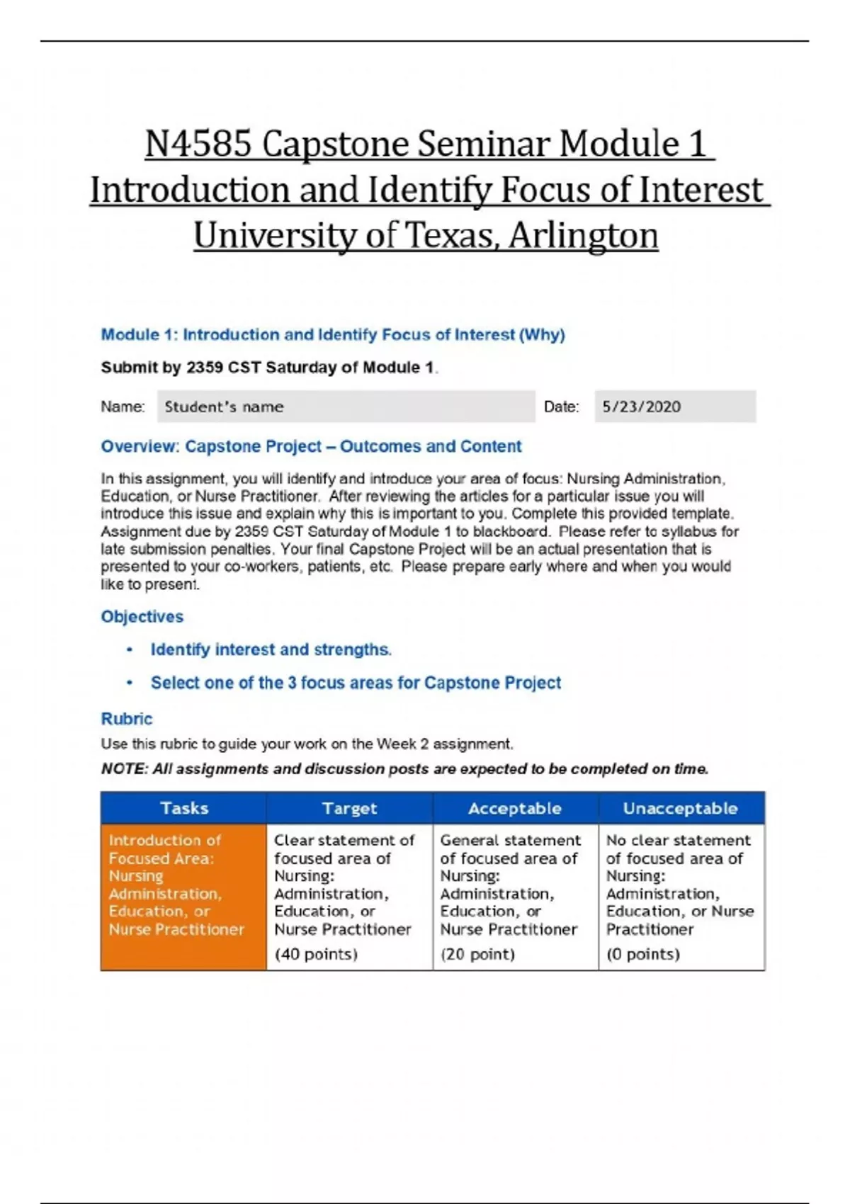 N4585 Capstone Seminar Module 1 Introduction and Identify Focus of Interest University of Texas ...