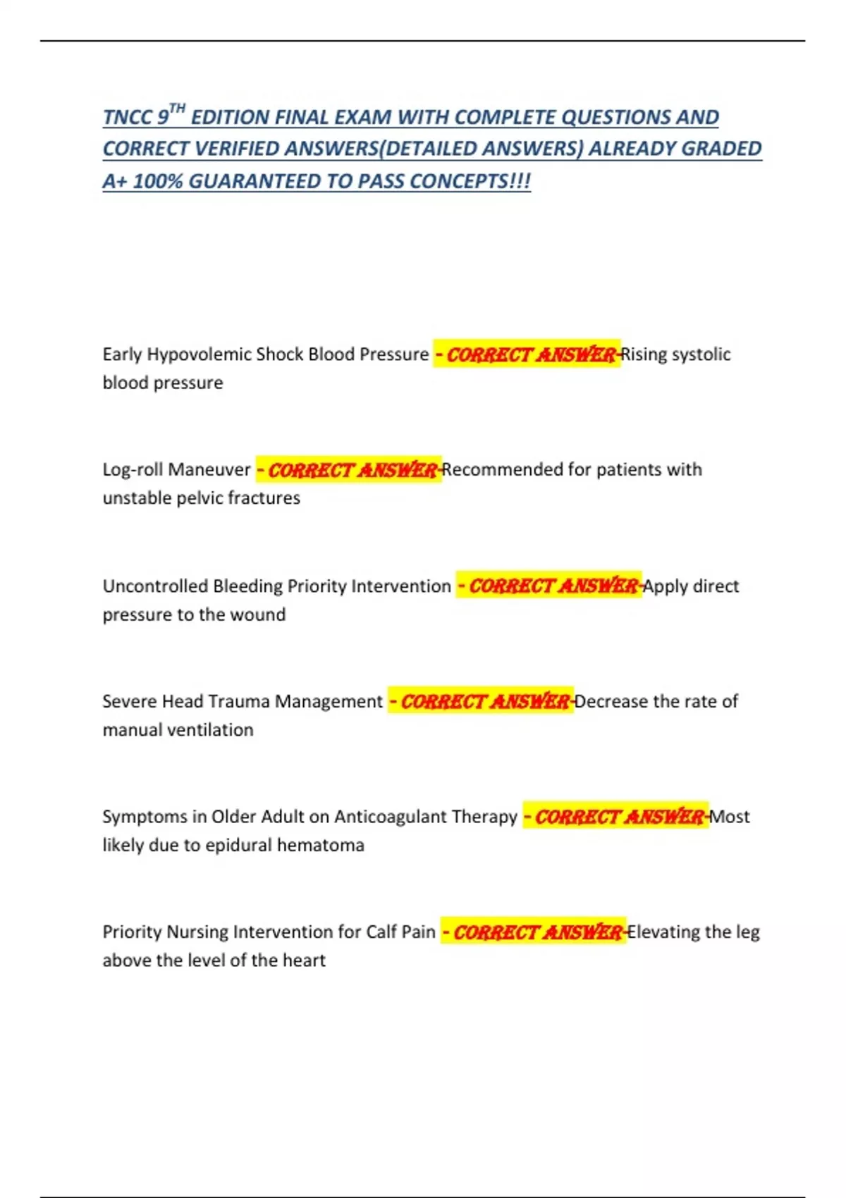 TNCC 9TH EDITION FINAL EXAM WITH COMPLETE QUESTIONS AND CORRECT ...