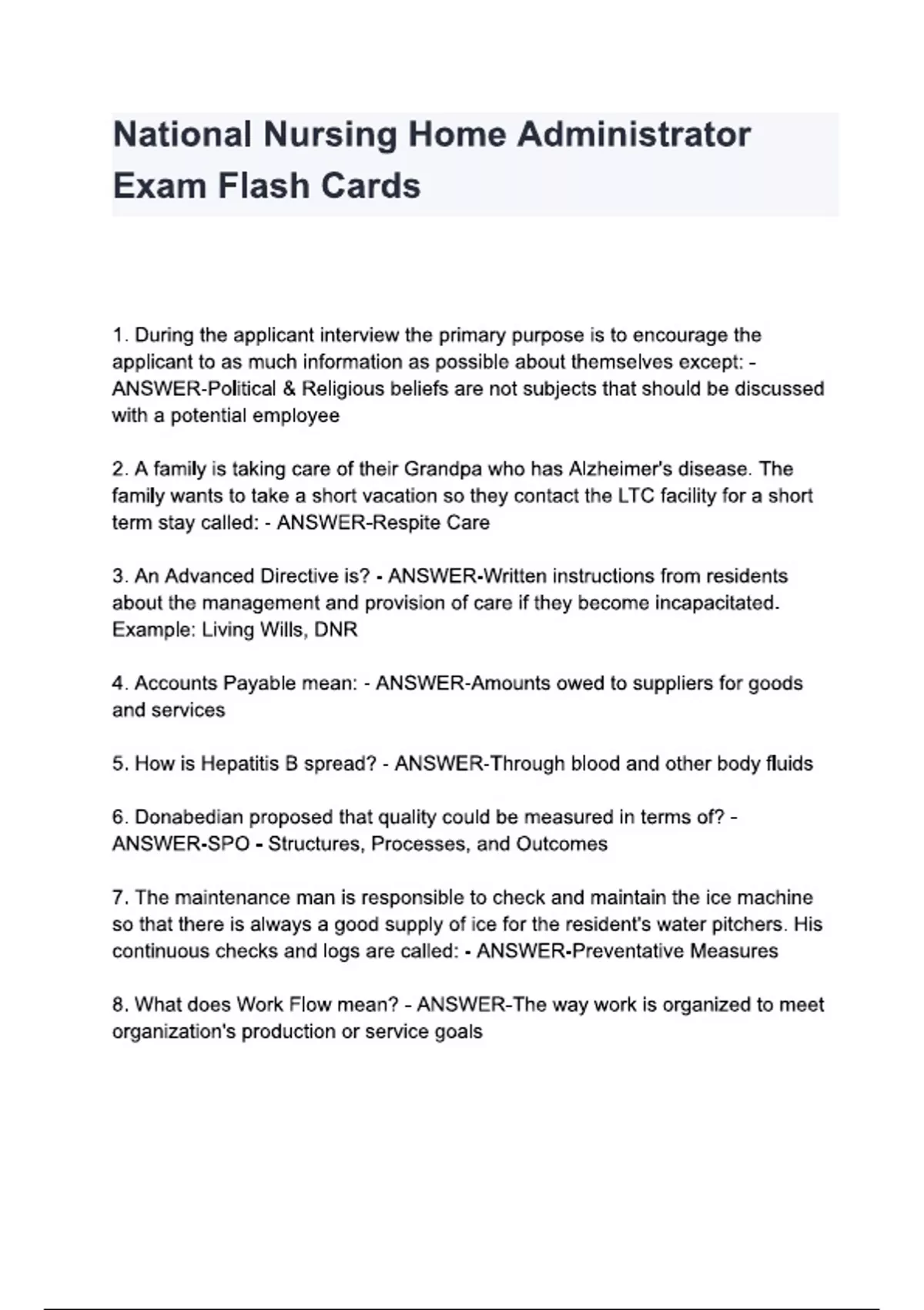 National Nursing Home Administrator Exam Flash Cards questions and ...