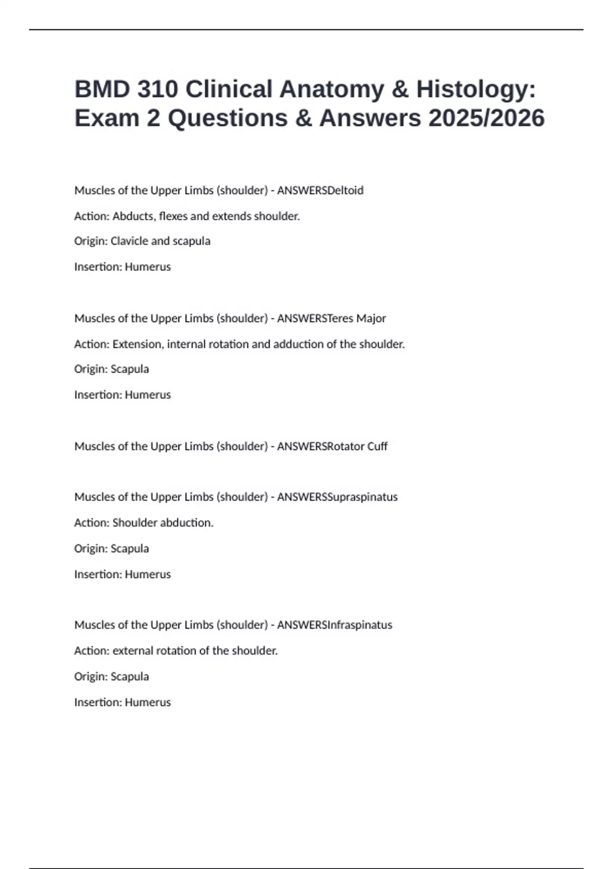 BMD 310 Clinical Anatomy & Histology: Exam 2 Questions & Answers 2025/ ...