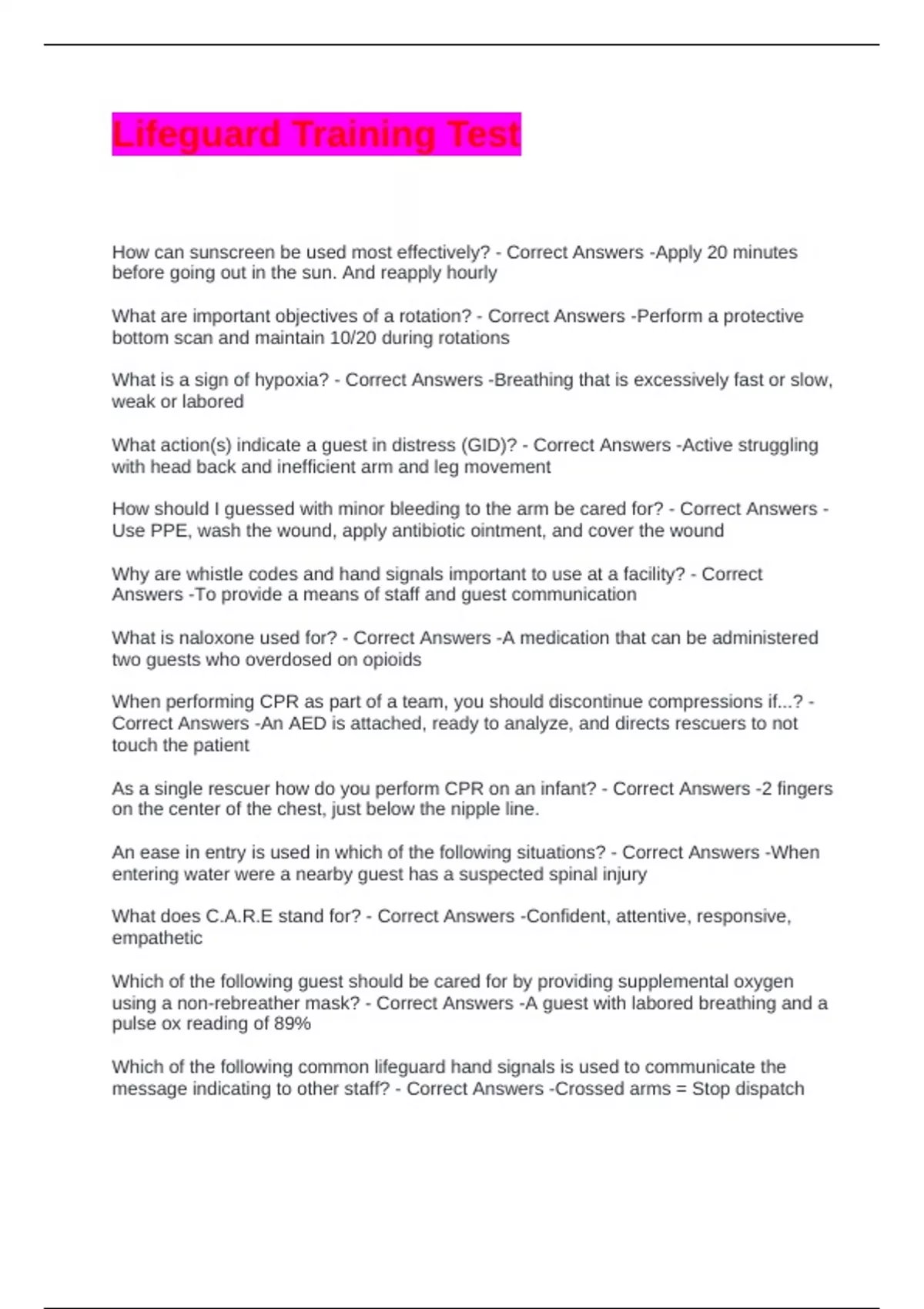 Lifeguard Training Test with complete solutions - Lifeguard - Stuvia US