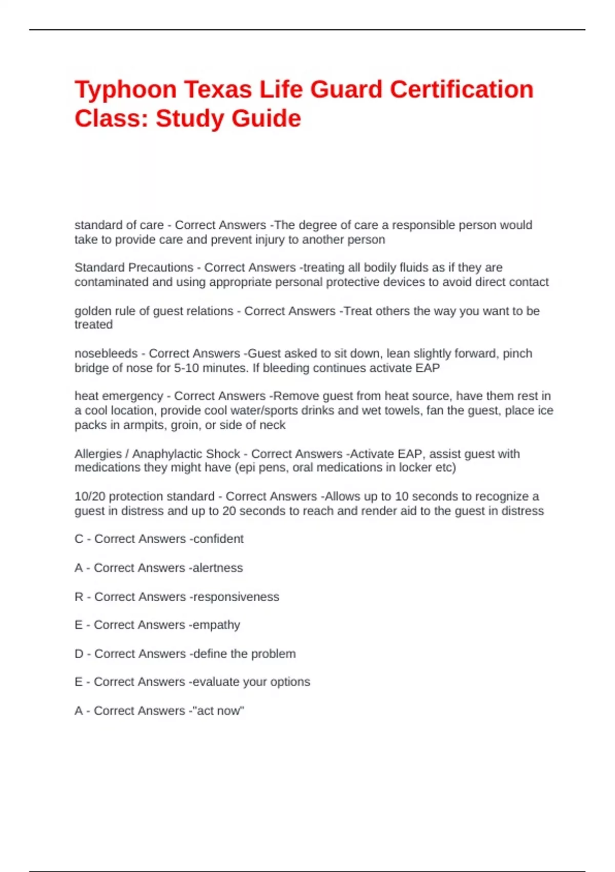 Typhoon Texas Life Guard Certification Class Study Guide - Lifeguard - Stuvia NL