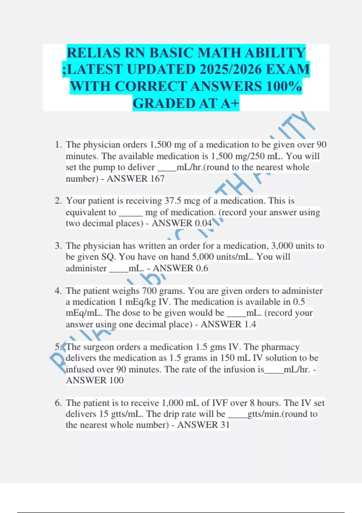 RELIAS RN BASIC MATH ABILITY ;LATEST UPDATED 2025/2026 EXAM WITH ...