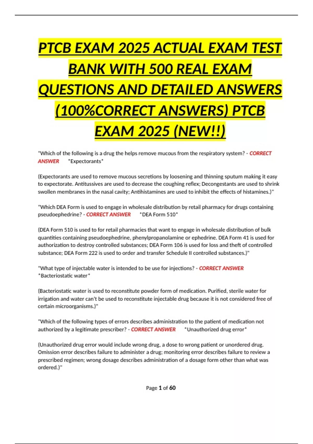 PTCB EXAM 2025 ACTUAL EXAM TEST BANK WITH 500 REAL EXAM QUESTIONS AND ...