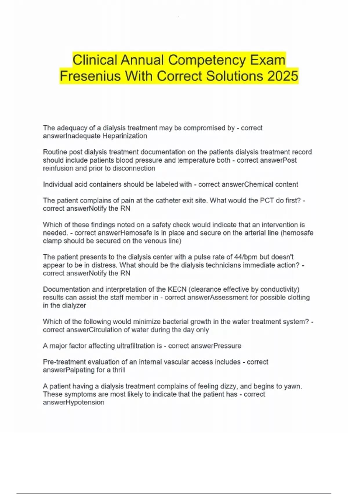 Clinical Annual Competency Exam Fresenius With Correct Solutions 2025 ...