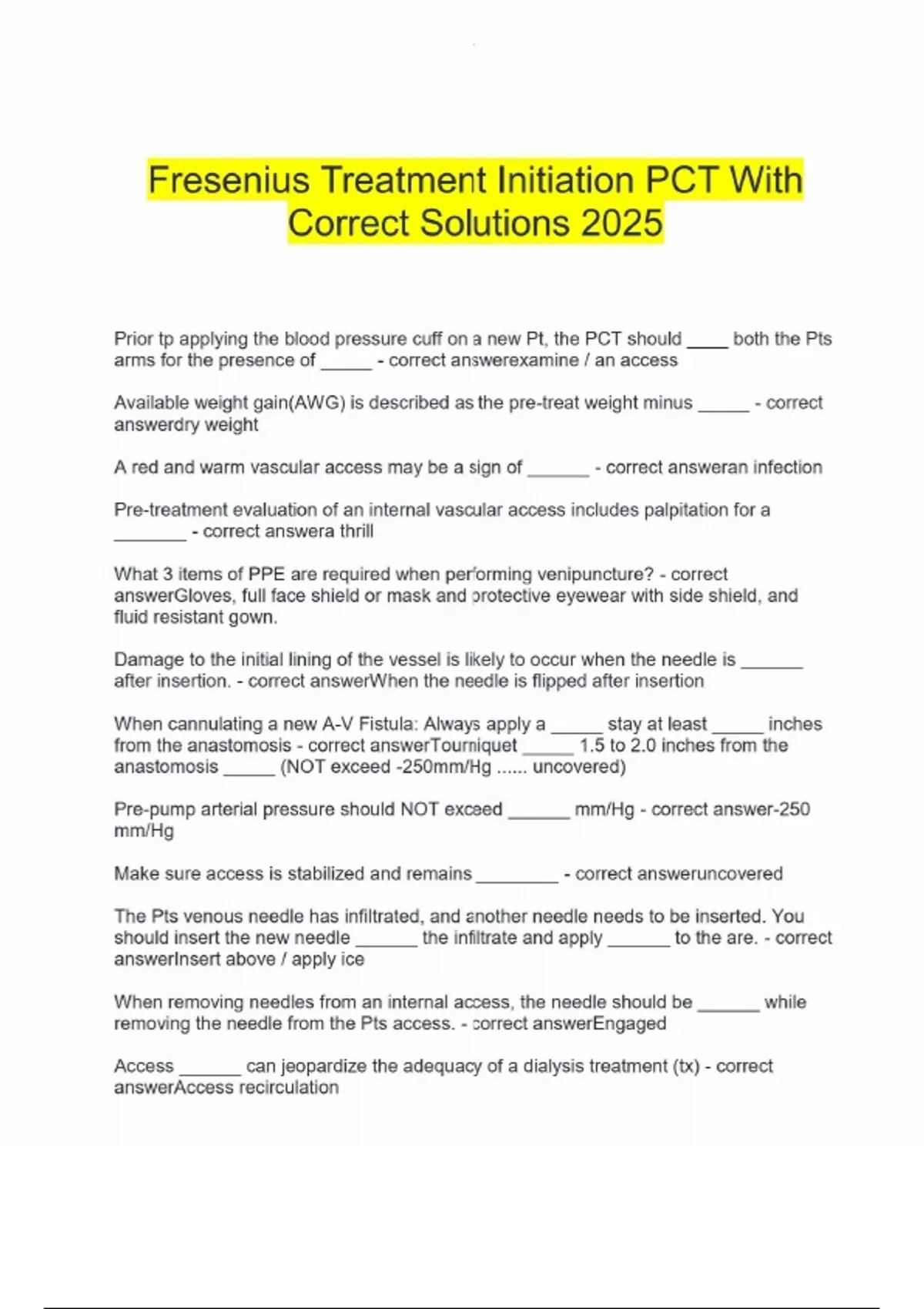 Fresenius Treatment Initiation PCT With Correct Solutions 2025 ...