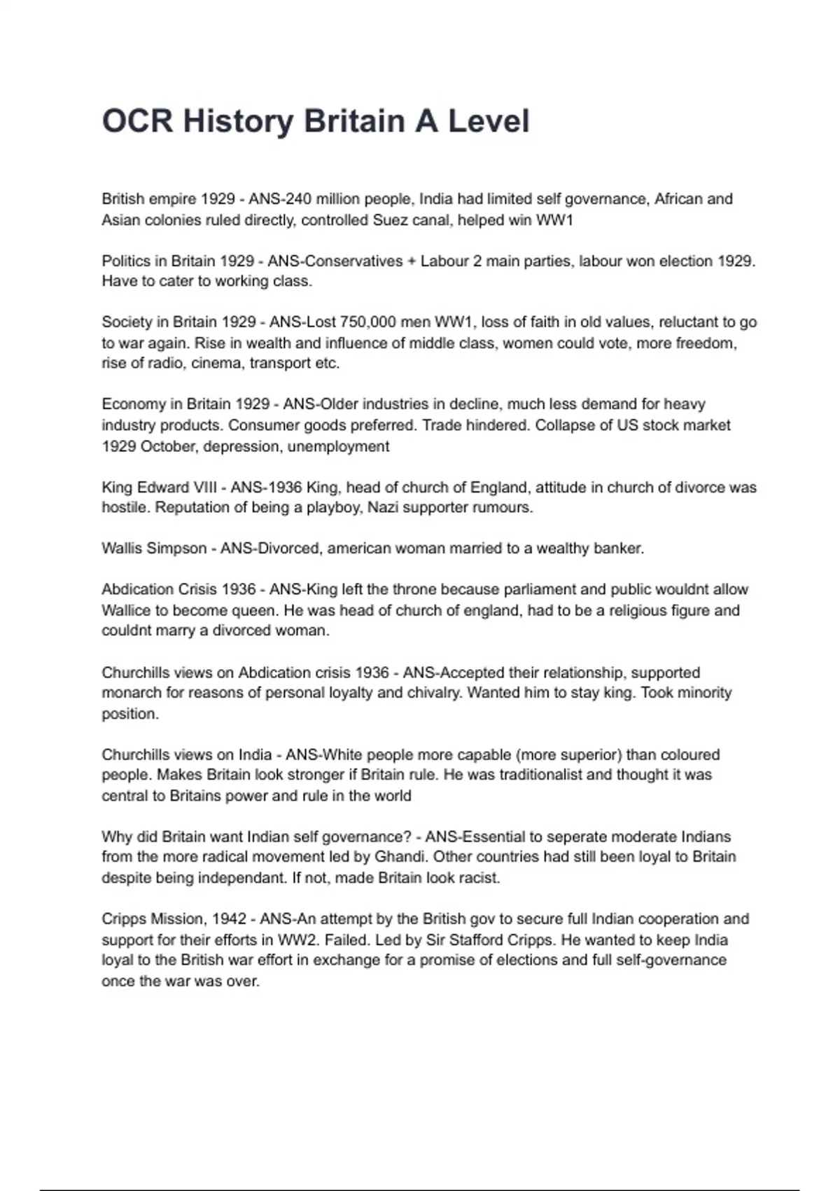 OCR History Britain A Level question and answers graded A+ 2025/2026 ...