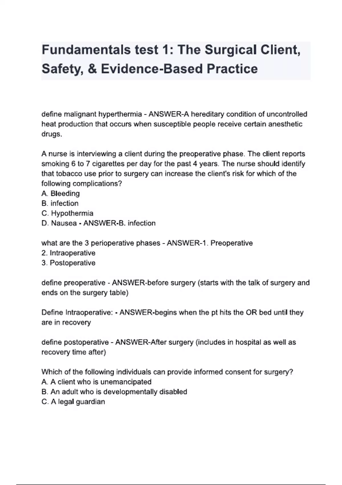 Fundamentals test 1 The Surgical Client, Safety, & Evidence-Based ...