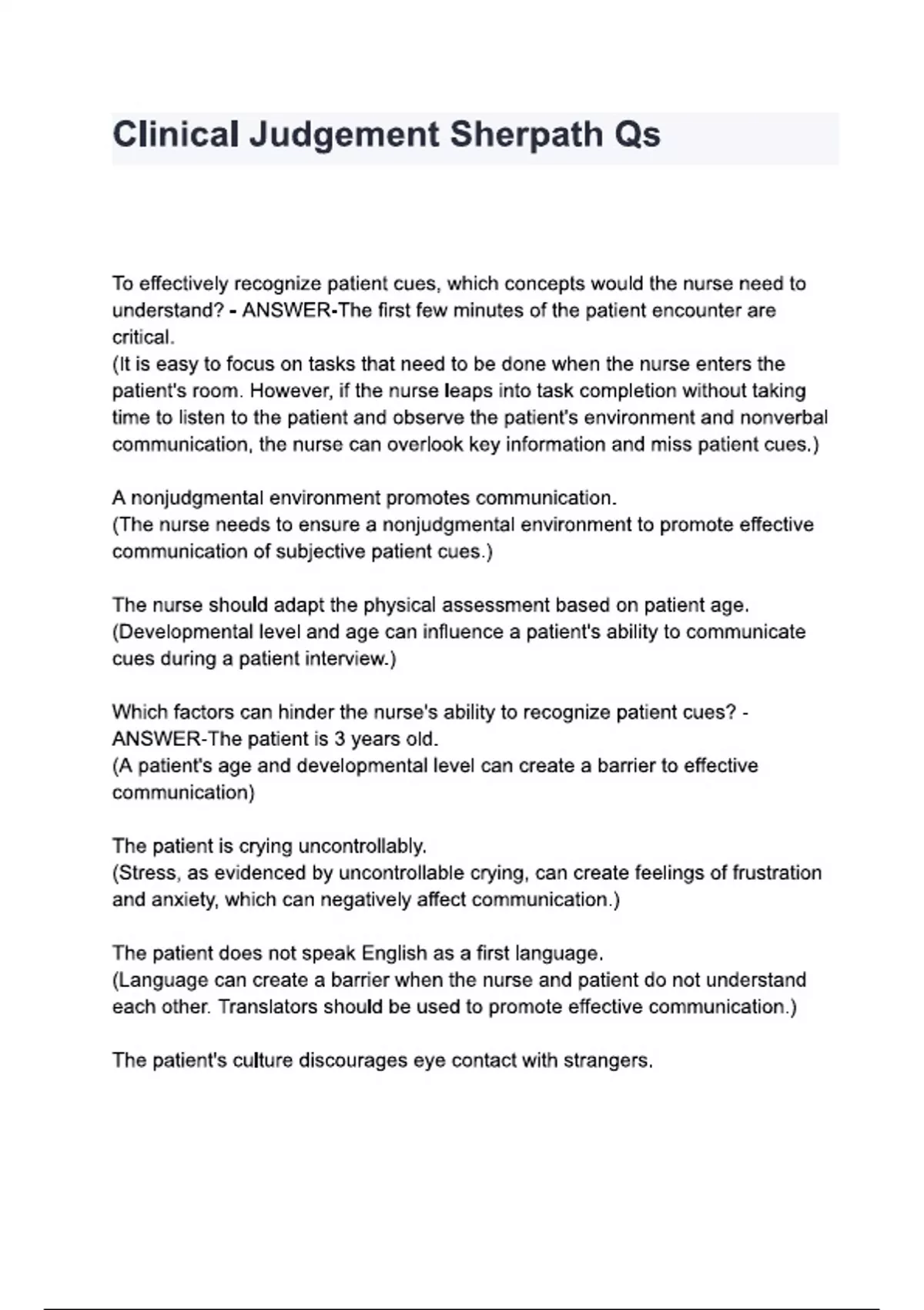 Clinical Judgement Sherpath Questions and answers - Nursing. - Stuvia US