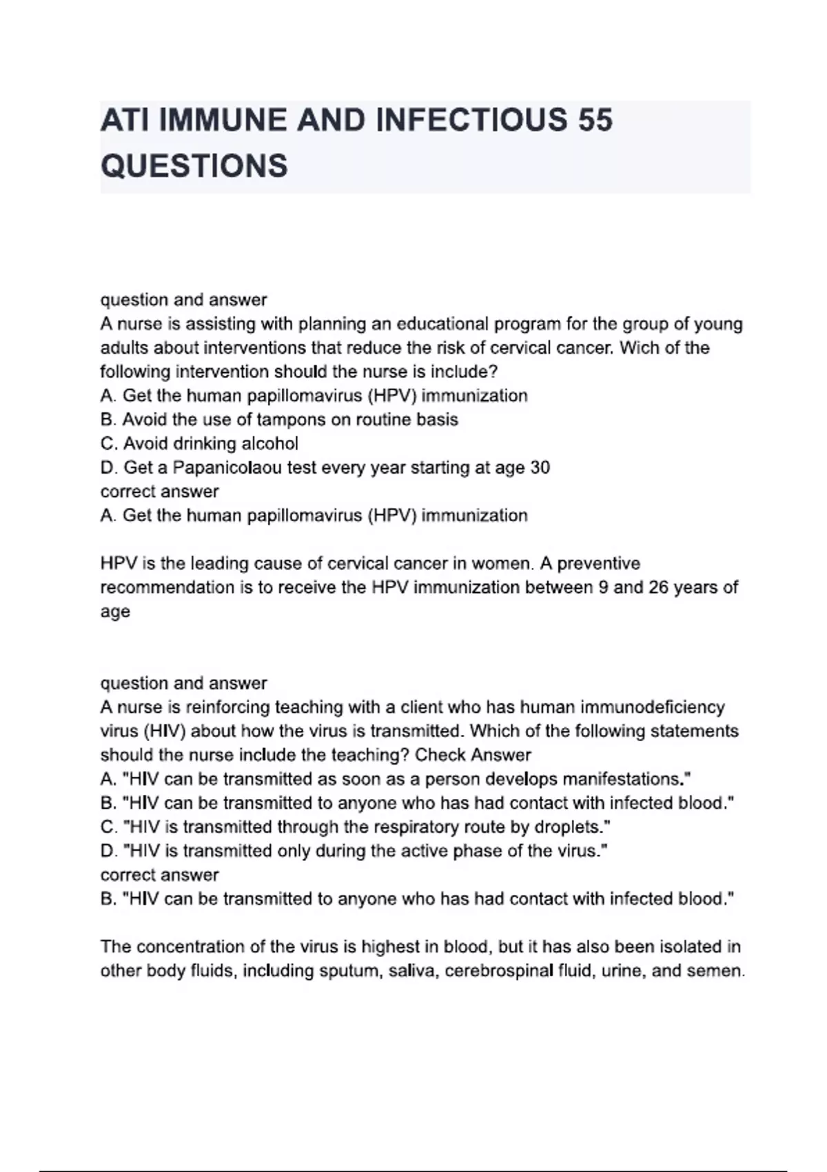 ATI IMMUNE AND INFECTIOUS 55 QUESTIONS and answers - Nursing. - Stuvia US