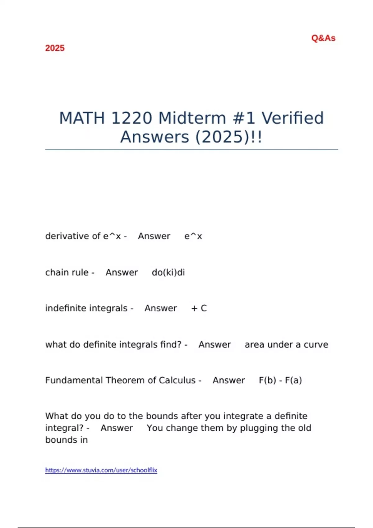 MATH 1220 Midterm -1 Verified Answers (2025)!! - MATH 1220 - Stuvia US
