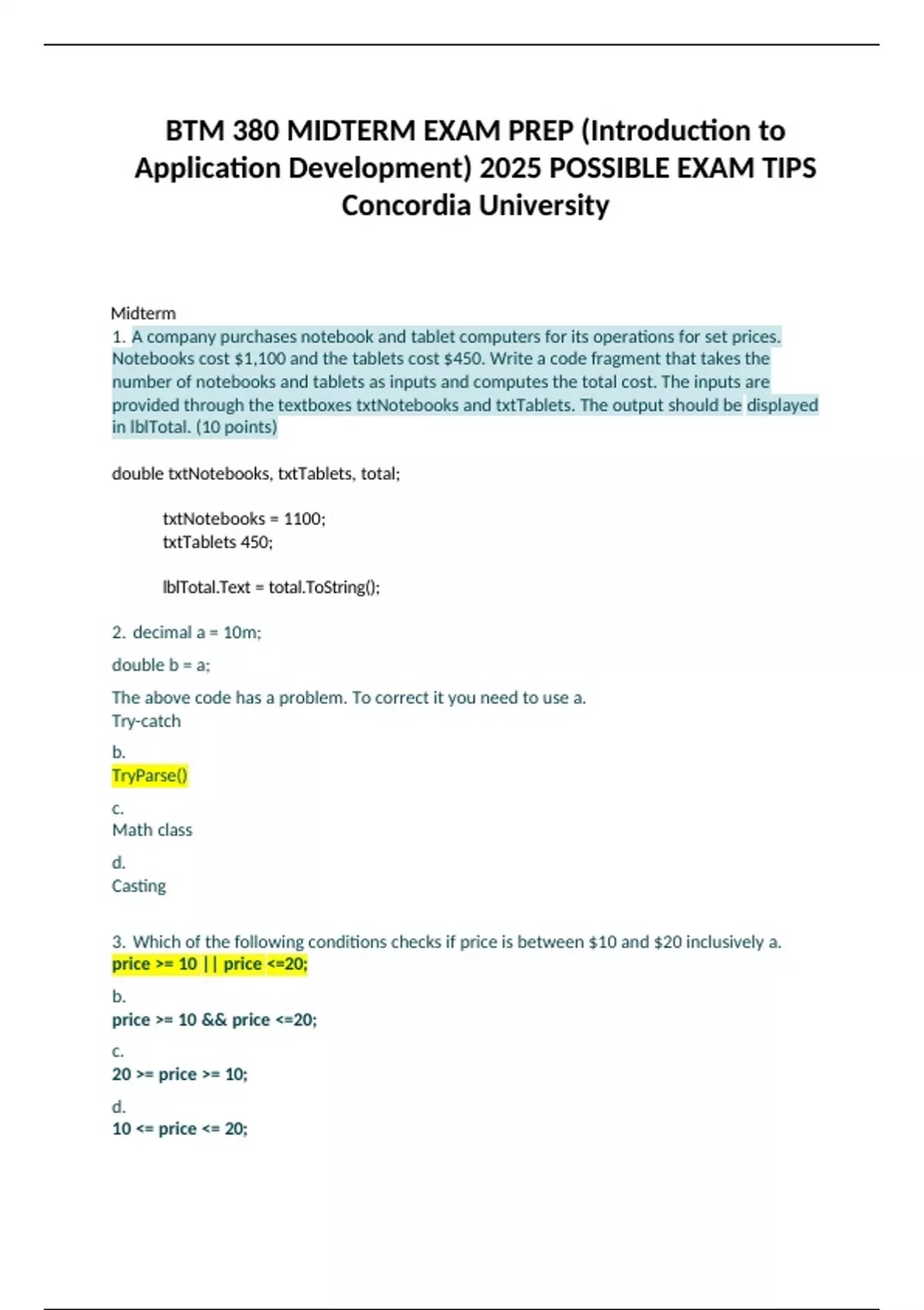 BTM 380 MIDTERM EXAM PREP (Introduction to Application Development) 2025 POSSIBLE EXAM TIPS ...