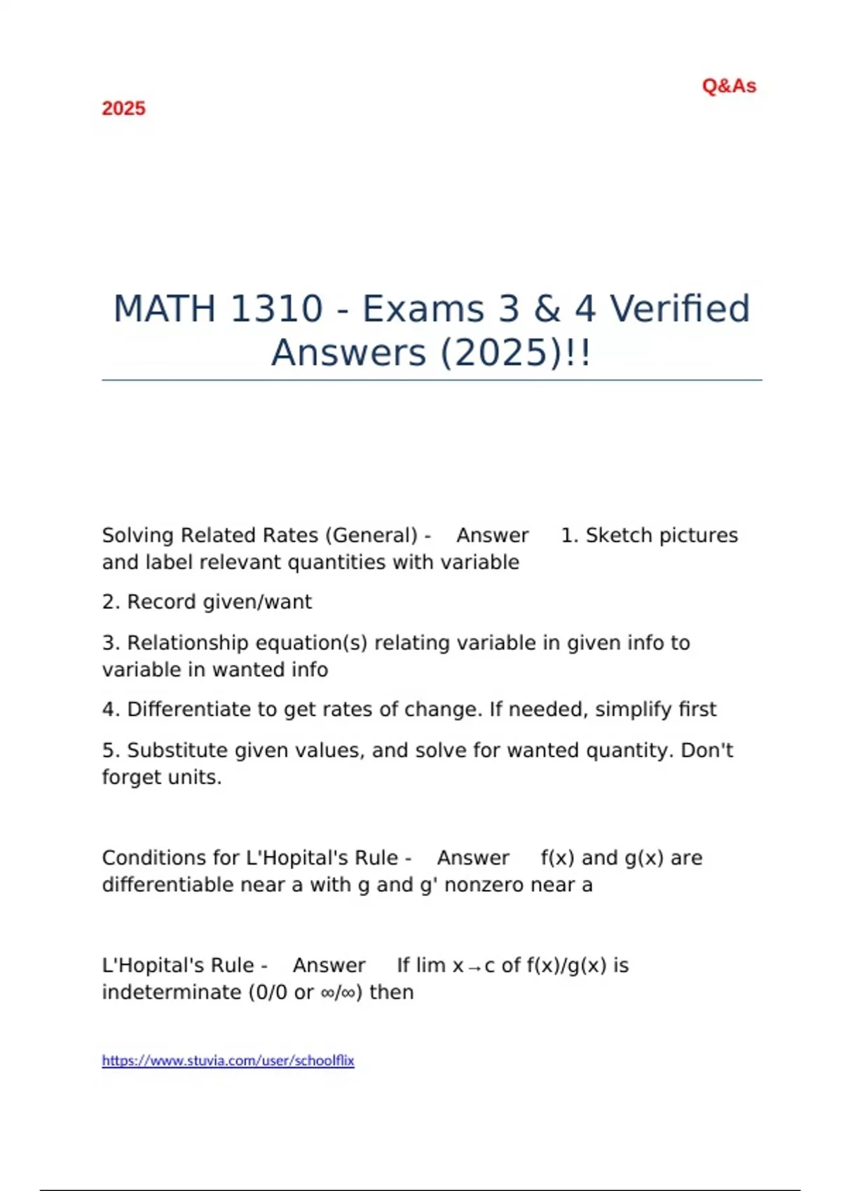 MATH 1310 - Exams 3 & 4 Verified Answers (2025)!! - MATH 1310 - Stuvia US