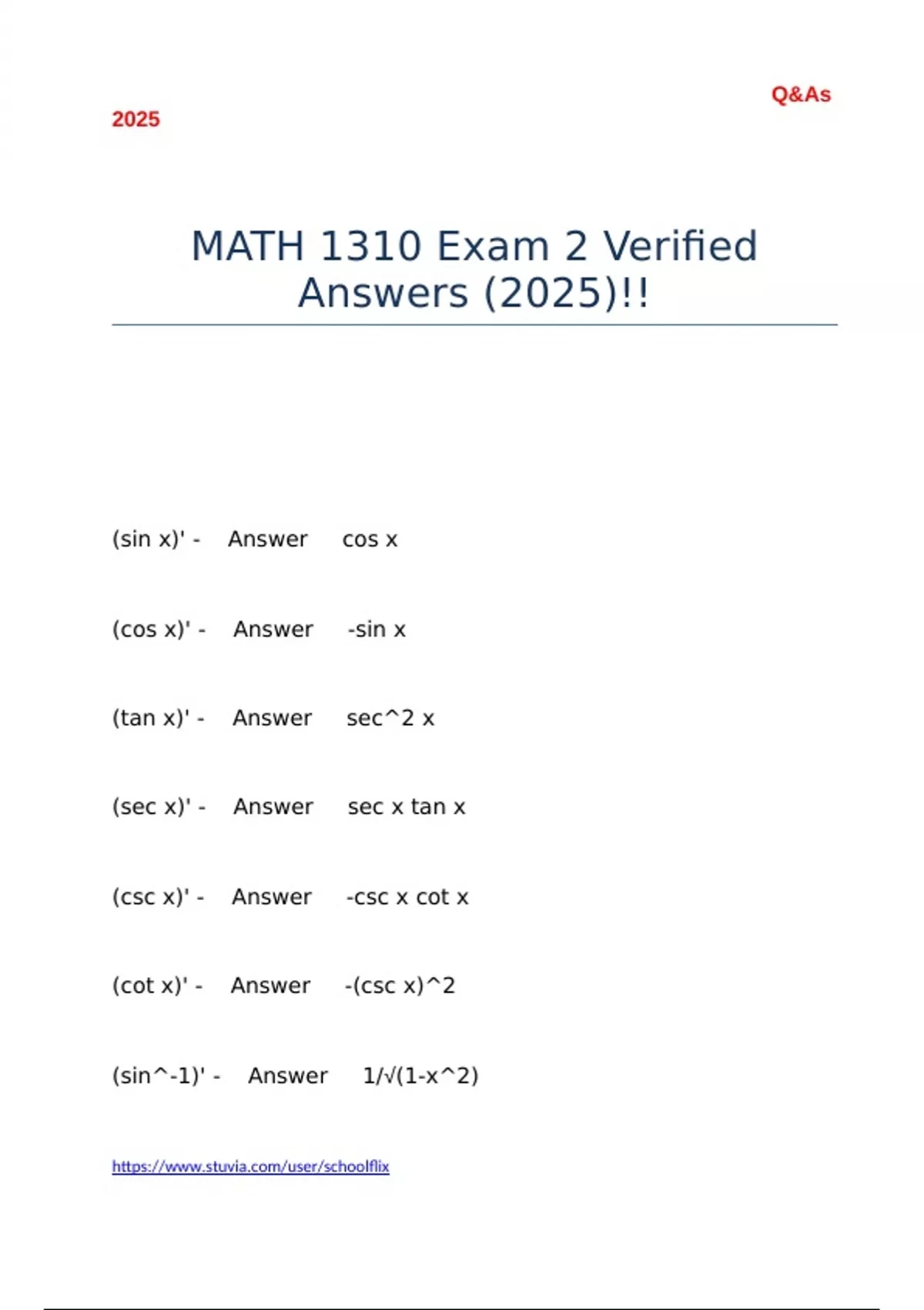 MATH 1310 Exam 2 Verified Answers (2025)!! - MATH 1310 - Stuvia US