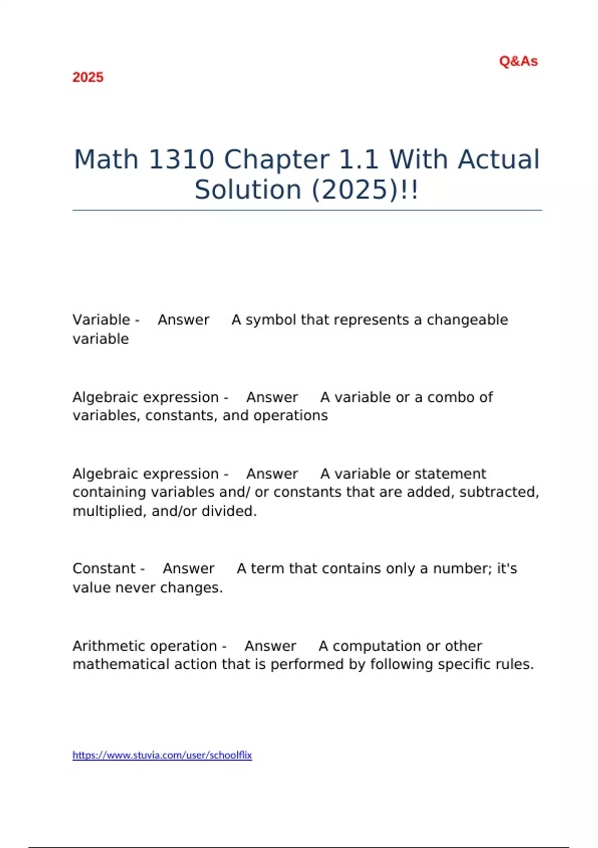 Math 1310 Chapter 1.1 With Actual Solution (2025)!! - MATH 1310 - Stuvia US