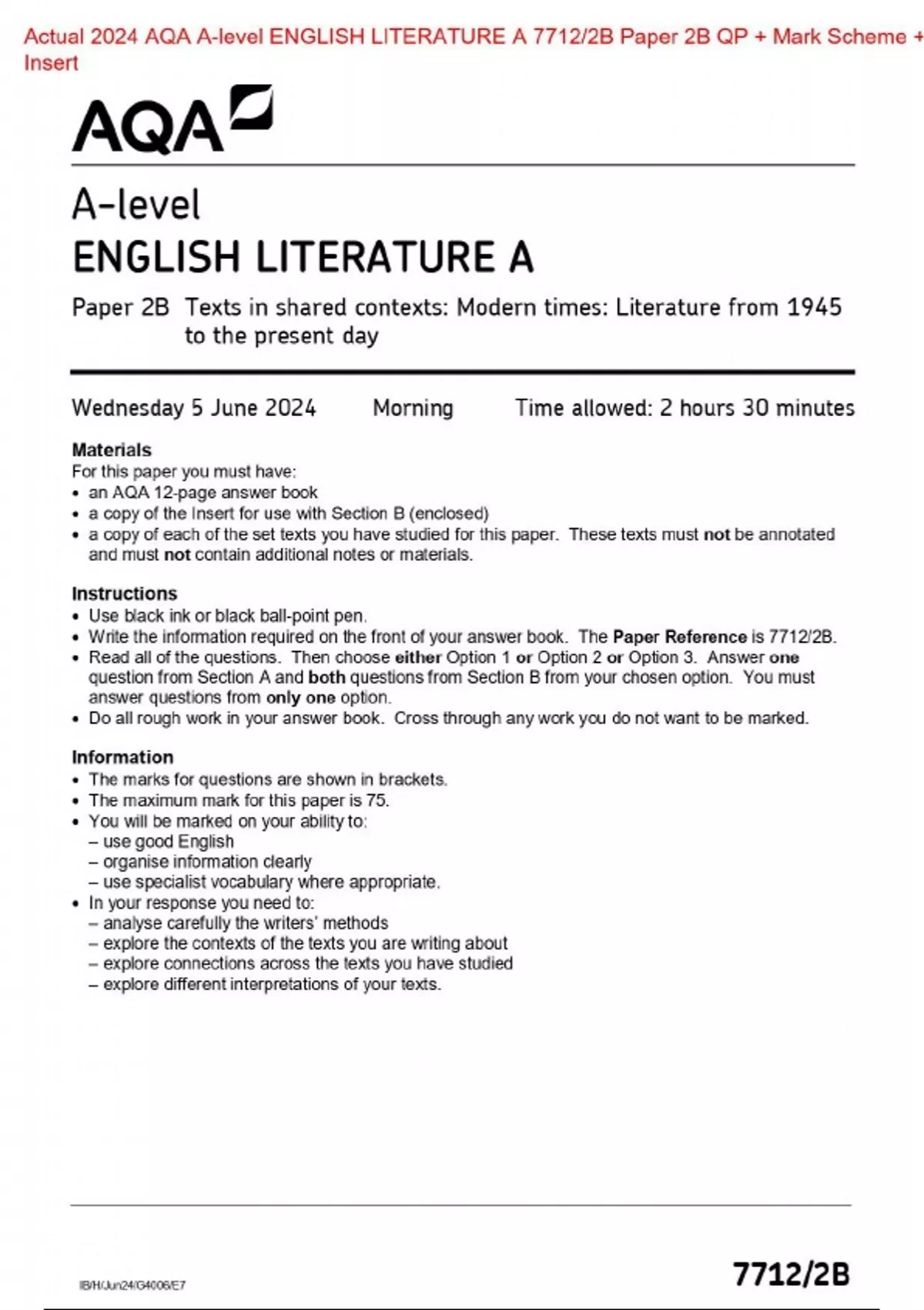 Actual 2024 AQA A-level ENGLISH LITERATURE A 7712/2B Paper 2B Texts in ...