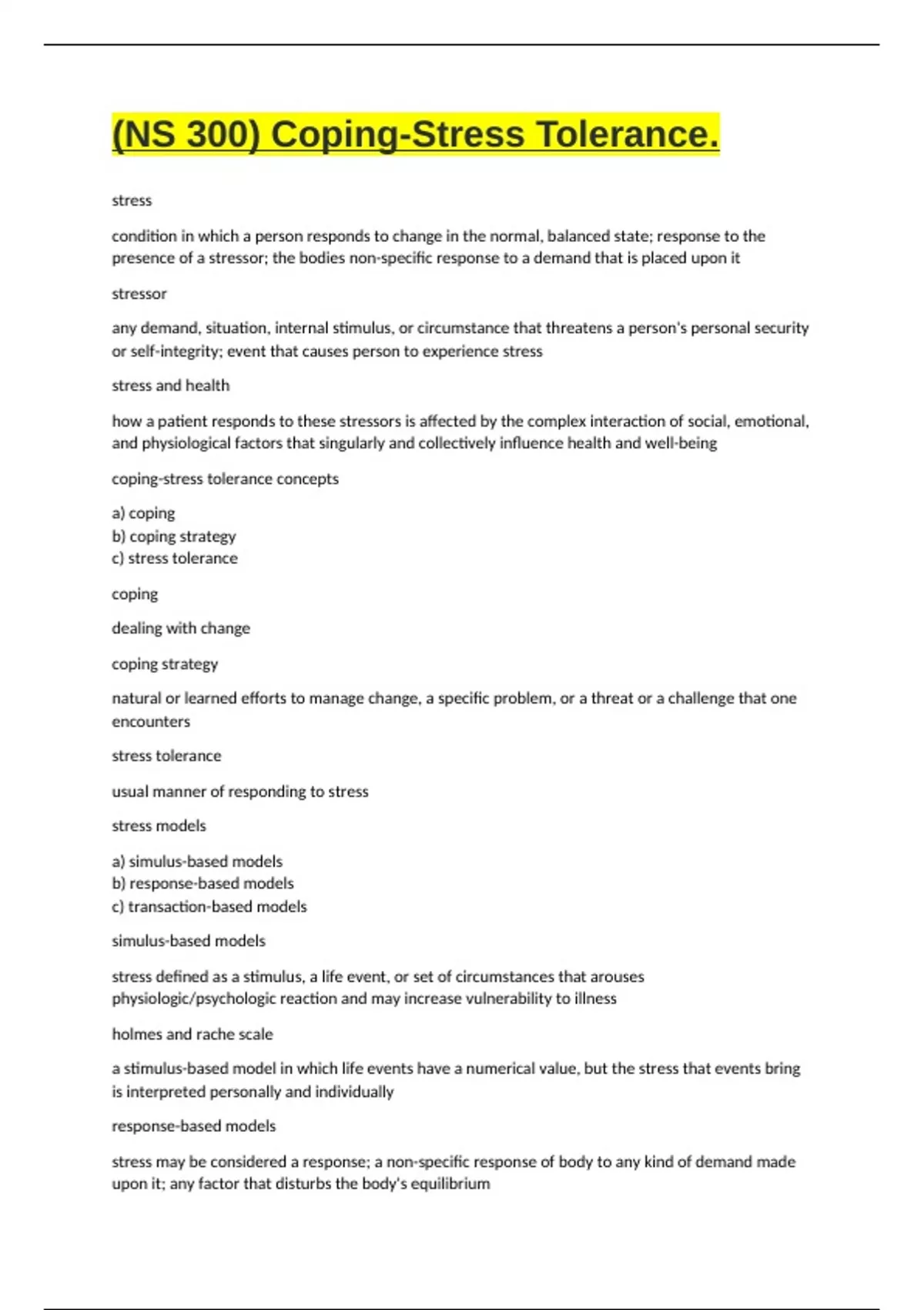 (NS 300) Coping-Stress Tolerance. - Coping-Stress Tolerance. - Stuvia US