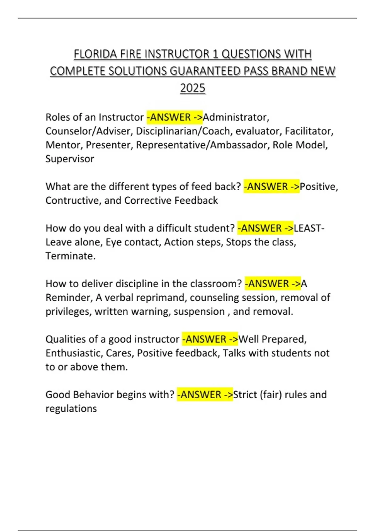 FLORIDA FIRE INSTRUCTOR 1 QUESTIONS WITH COMPLETE SOLUTIONS GUARANTEED ...