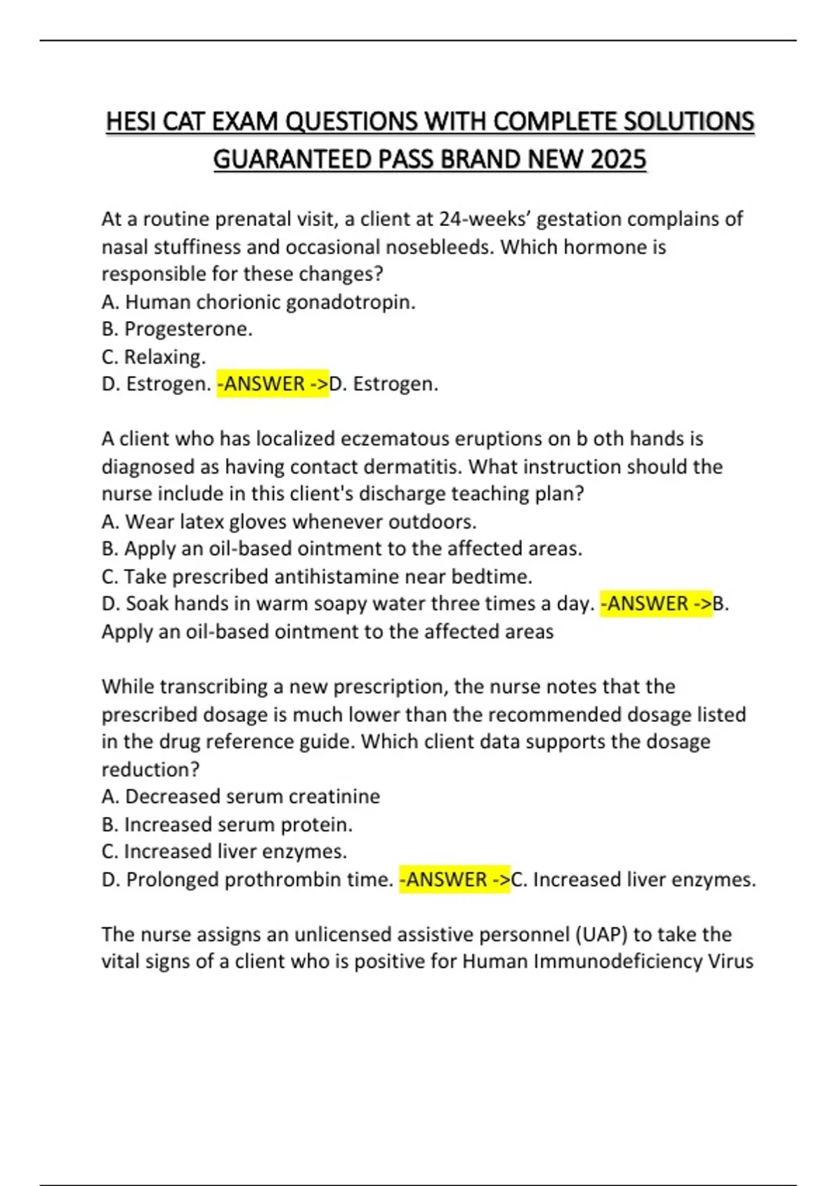 HESI CAT EXAM QUESTIONS WITH COMPLETE SOLUTIONS GUARANTEED PASS BRAND ...