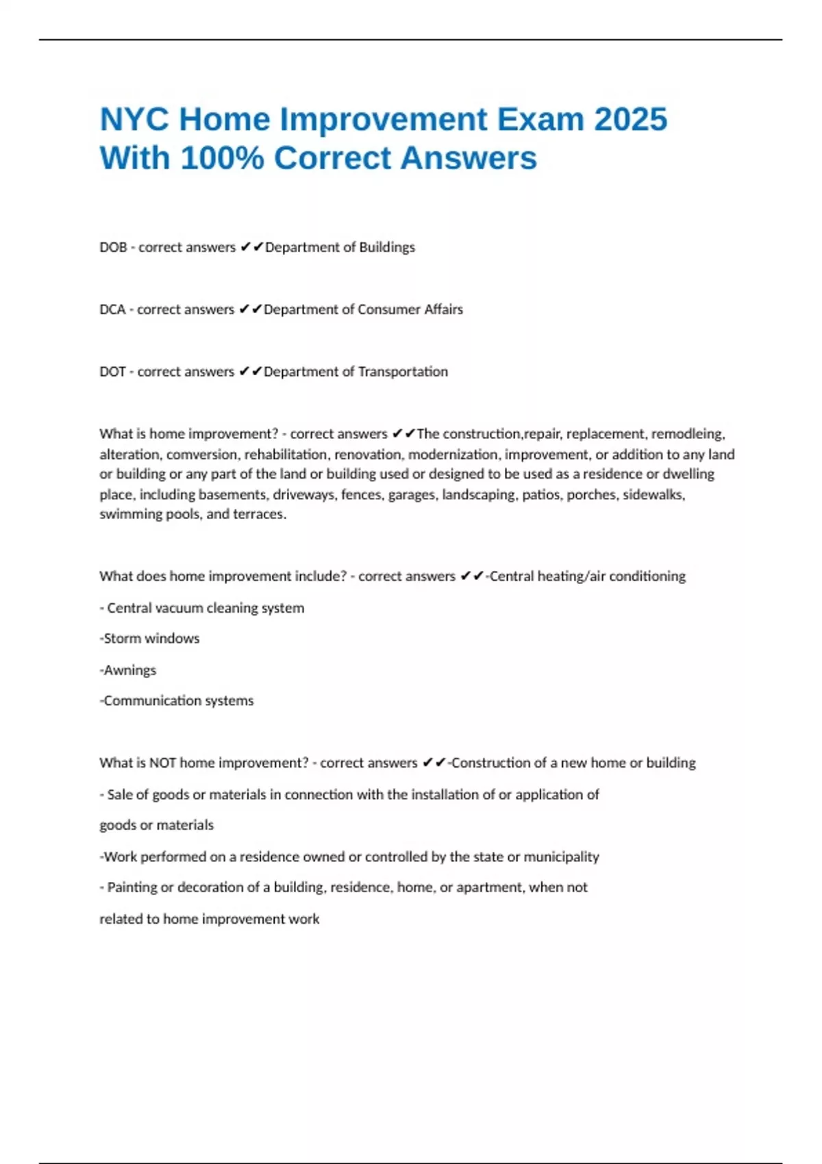 NYC Home Improvement Exam 2025 With 100% Correct Answers - NYC Home ...