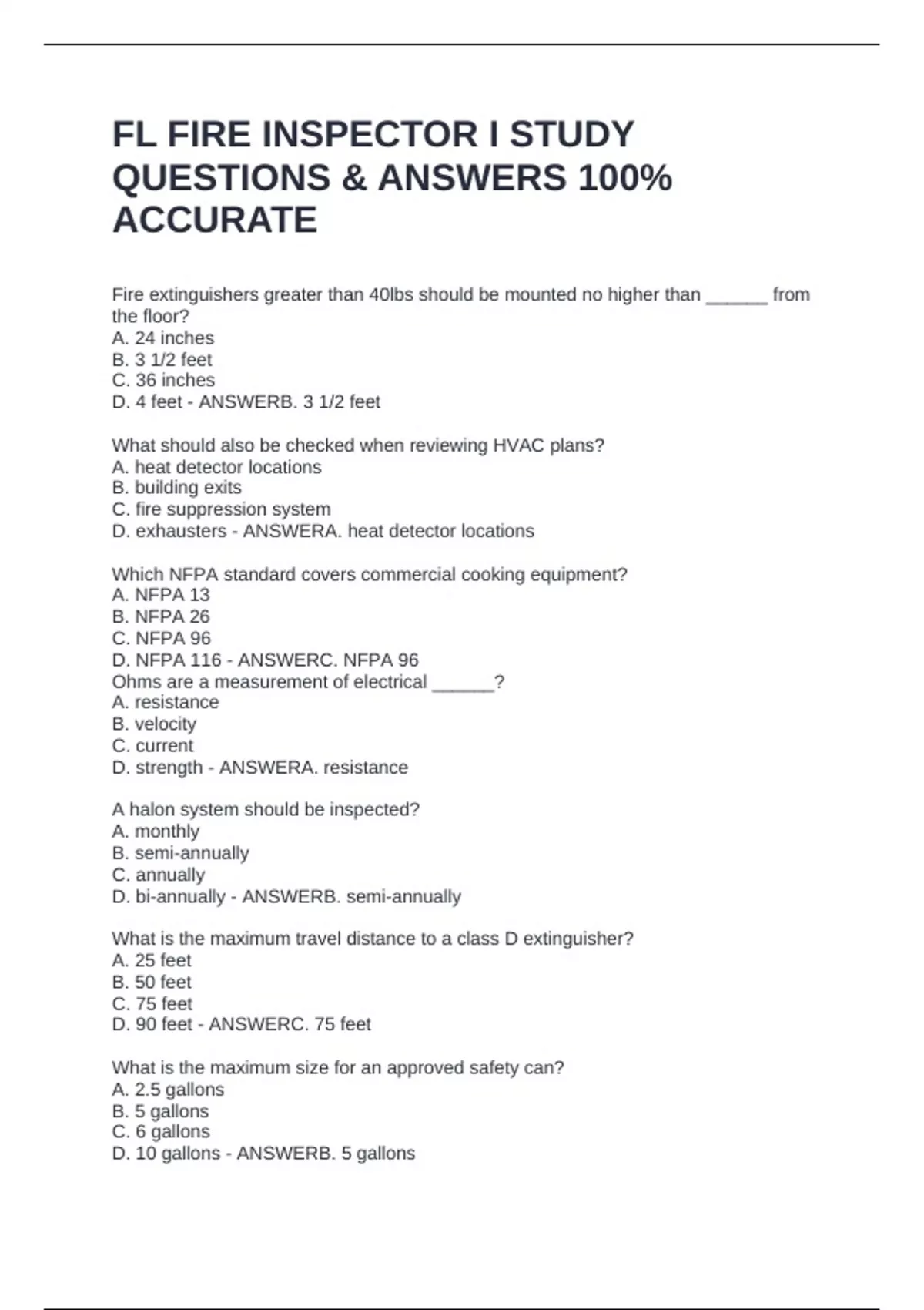 FL FIRE INSPECTOR I STUDY QUESTIONS & ANSWERS 100% ACCURATE - FL FIRE ...