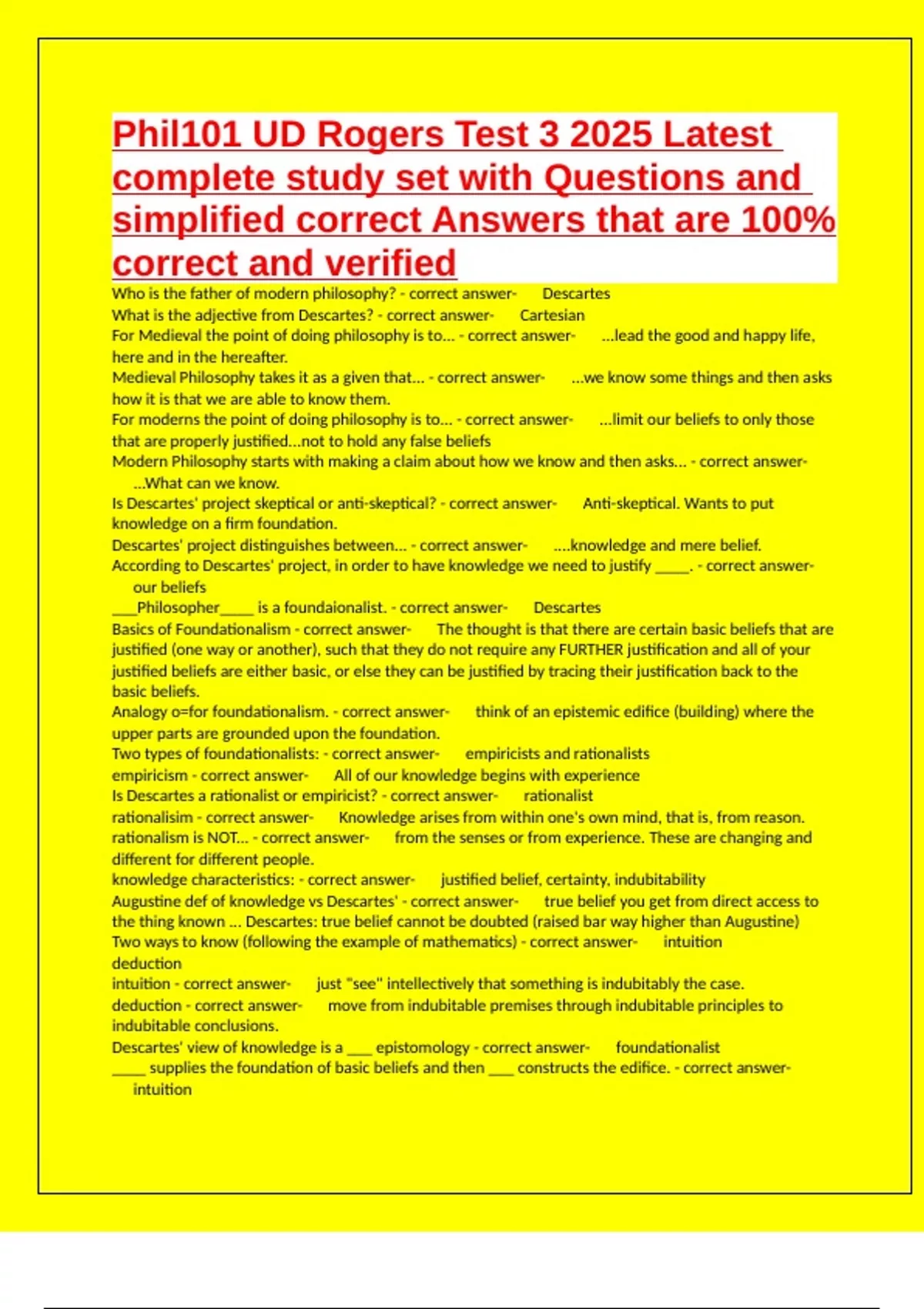 Phil101 UD Rogers Test 3 2025 Latest complete study set with Questions ...