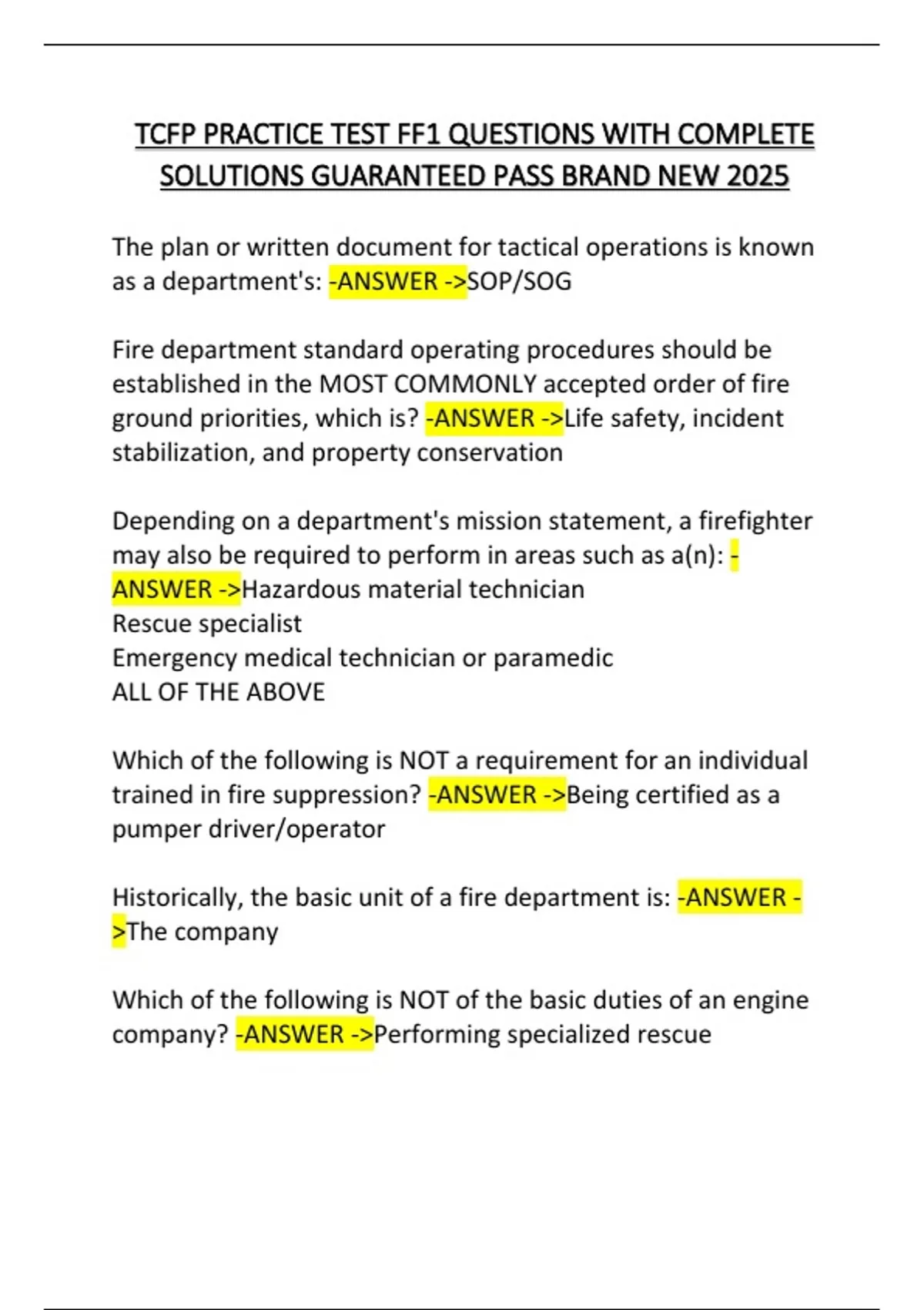 TCFP PRACTICE TEST FF1 QUESTIONS WITH COMPLETE SOLUTIONS GUARANTEED ...