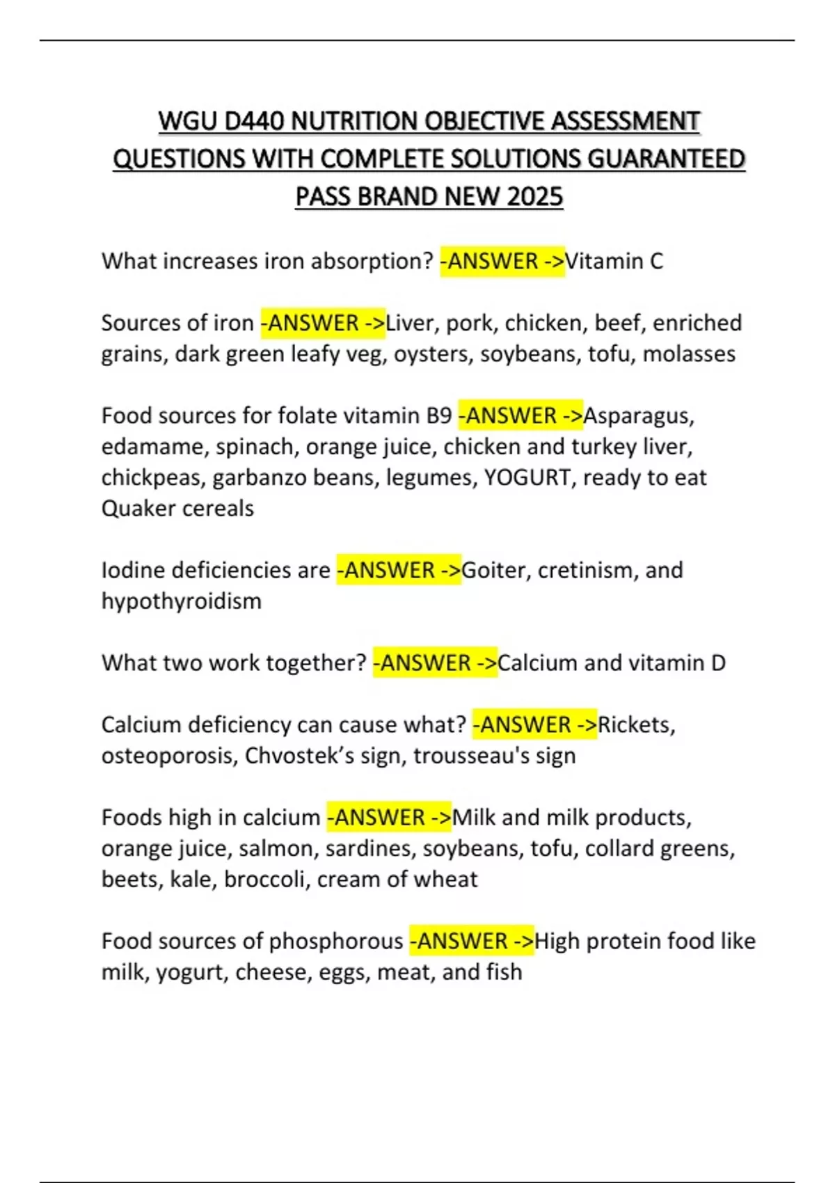 WGU D440 NUTRITION OBJECTIVE ASSESSMENT QUESTIONS WITH COMPLETE ...