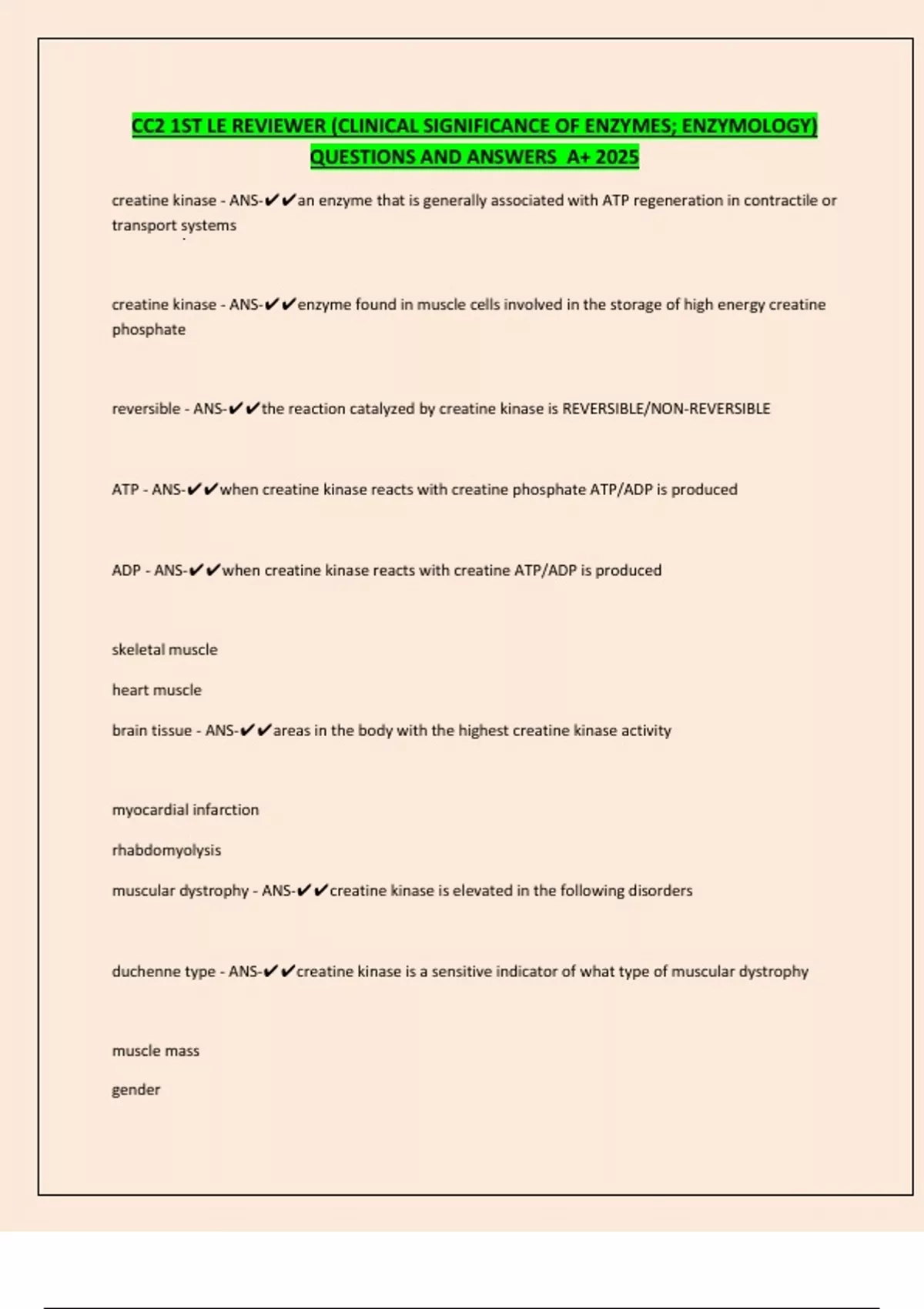 CC2 1ST LE REVIEWER (CLINICAL SIGNIFICANCE OF ENZYMES; ENZYMOLOGY) QUESTIONS AND ANSWERS A+ 2025 ...